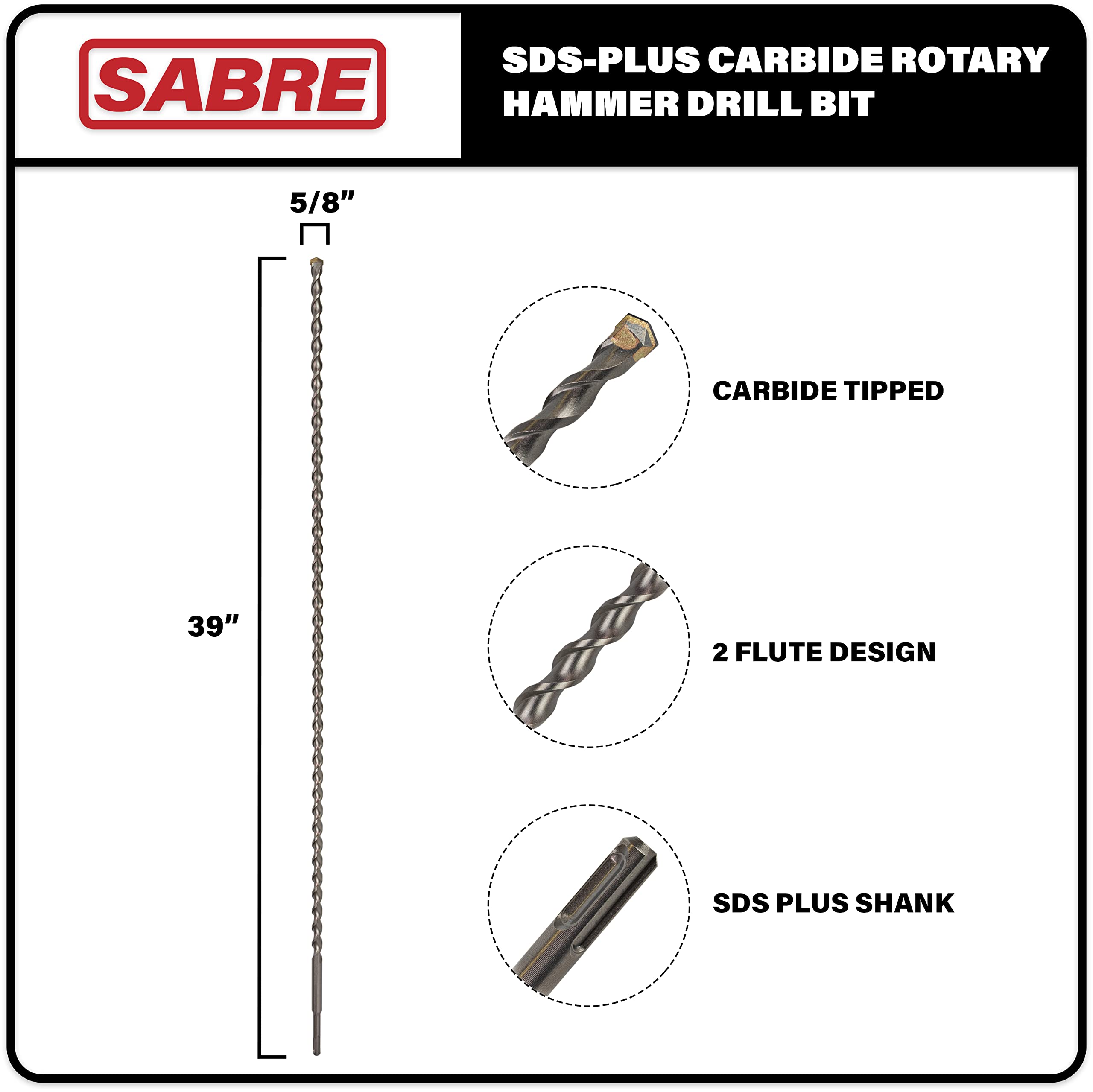 Sabre Tools 5/8 Inch x 39 Inch SDS Plus Rotary Hammer Drill Bit, Carbide Tipped for Brick, Stone, Concrete (5/8" x 37" x 39")