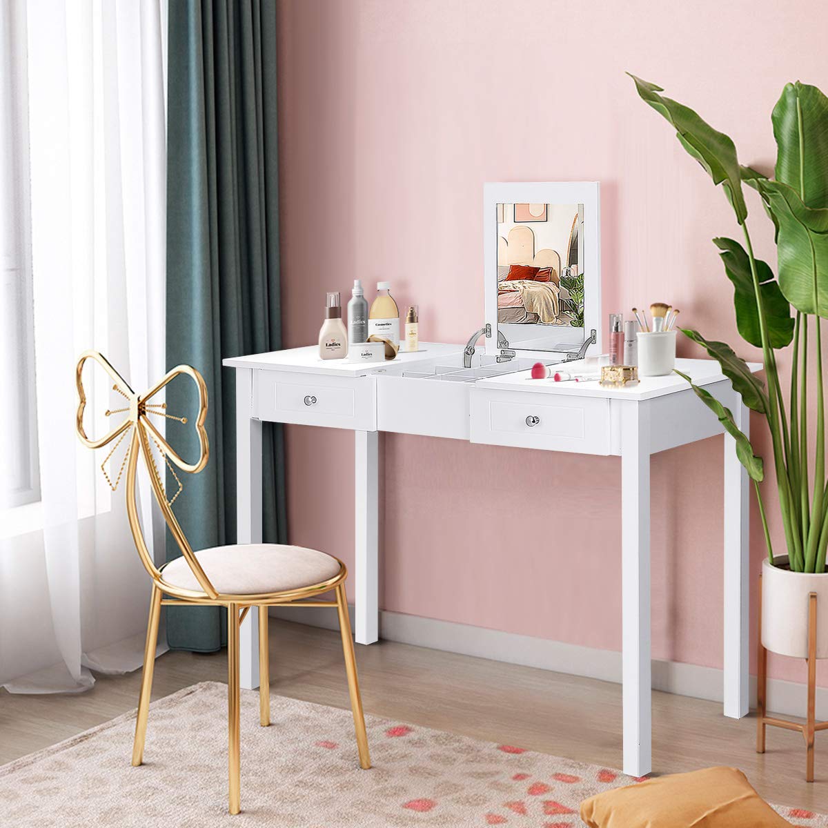 Nightcore Vanity Flip Top, Makeup Dressing Table Set with Square Mirror, 1, White