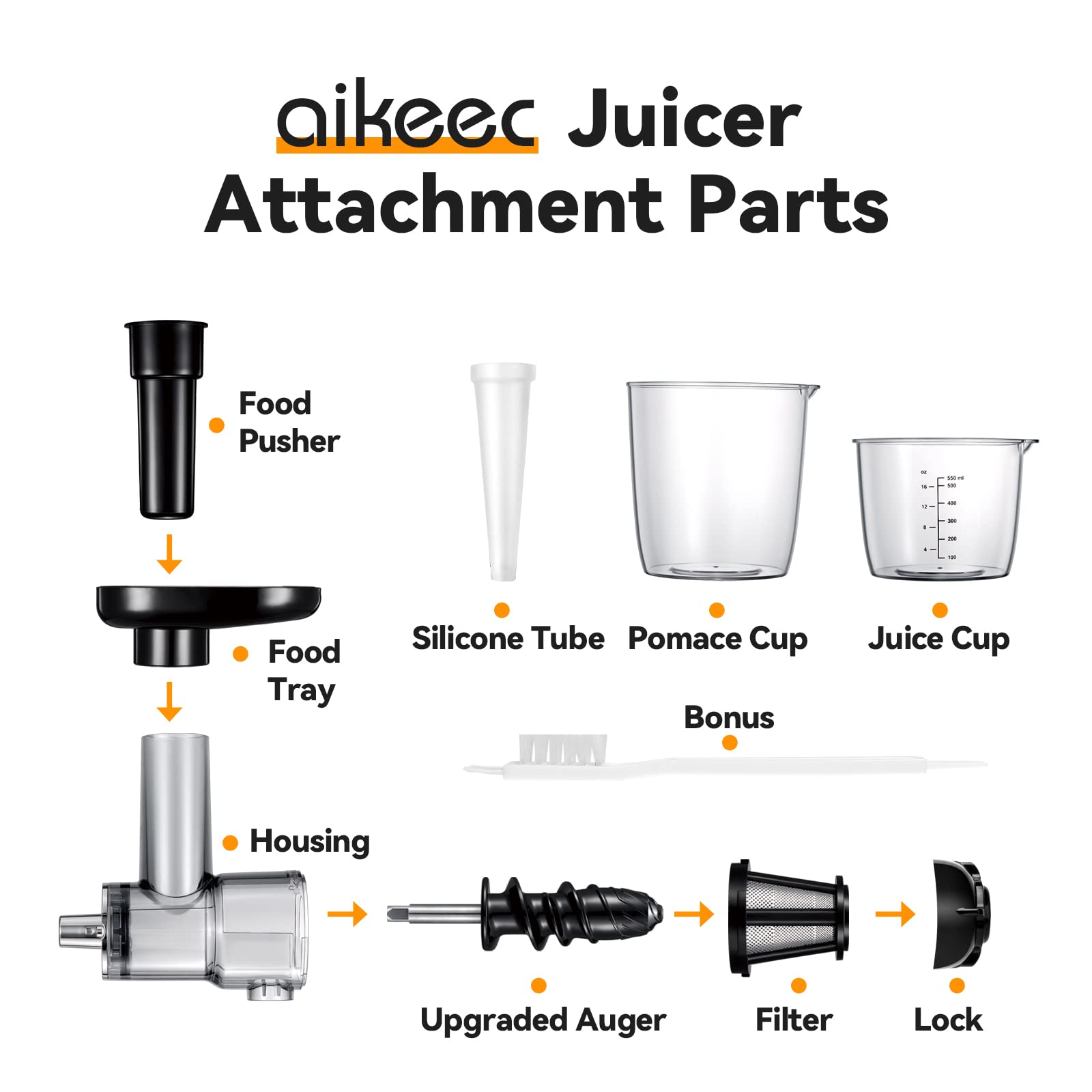 Slow Juicer Attachment for Kitchen Aid Stand Mixers Replacement, Masticating Juicer Accessories for All Kitchen Aid Mixers by Aikeec, Cold Pressed Juicer Parts, Great for Fruits and Vegetables, Black