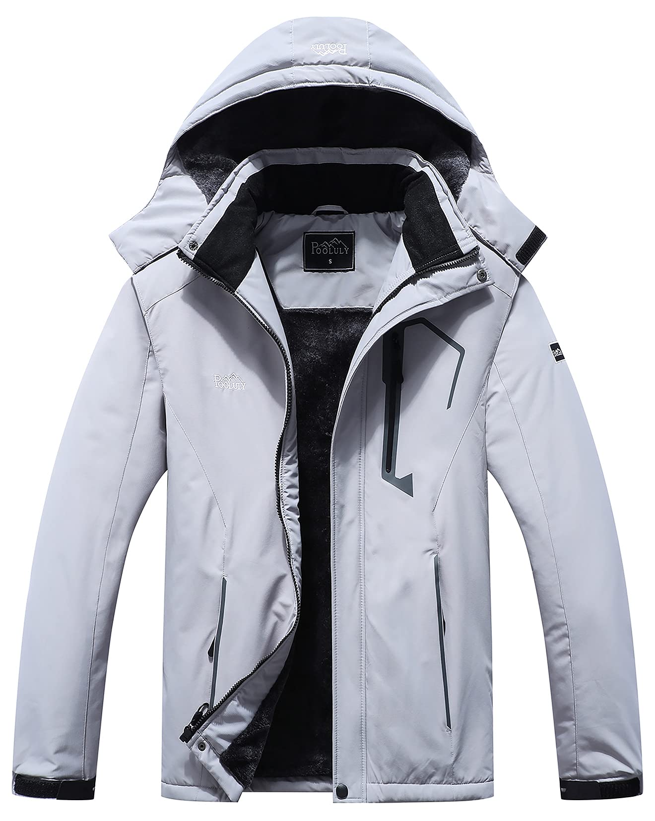 Pooluly Men's Ski Jacket Warm Winter Waterproof Windbreaker Hooded Raincoat Snowboarding Jackets Light Gray-M