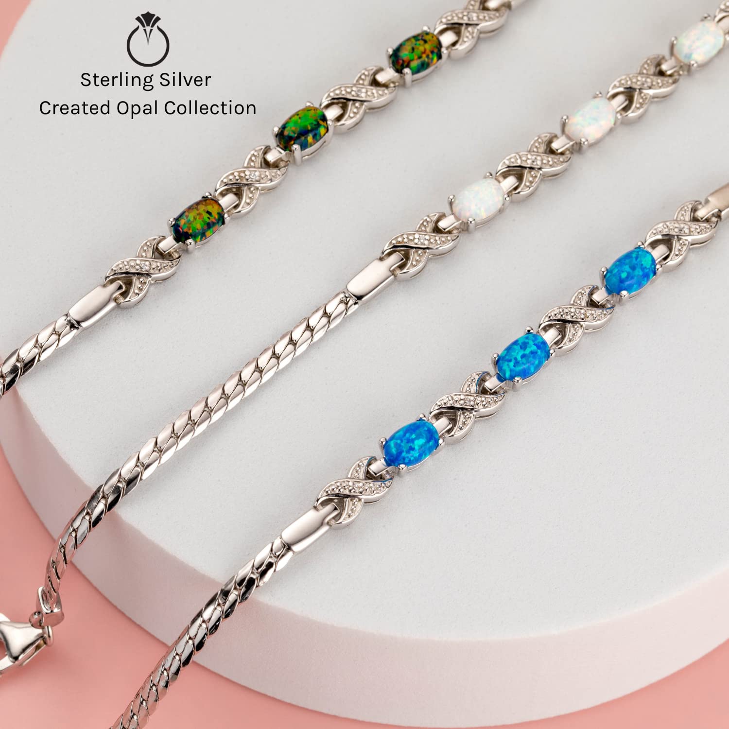 PEORA Created White Fire Opal 5-Stone Bracelet for Women 925 Sterling Silver, 3.75 Carats total Round Shape, 7 1/2 inch length
