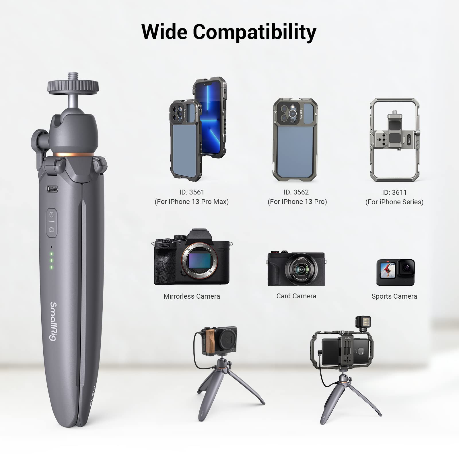 SmallRig Charging Mini Tripod for iPhone Cameras DSLRs Gopro, Handle Grip Desktop Tripod with Wireless Control Button 360° Ball Head and Power Display, for Vlogging Video Shooting Filming -3534