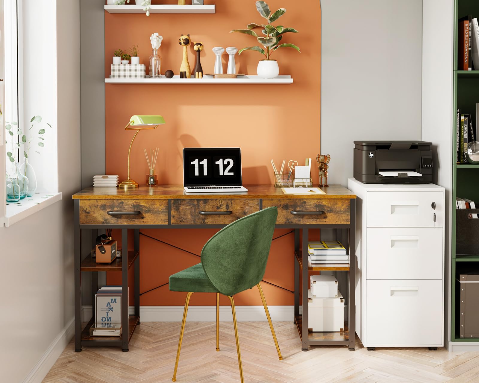 ODK Office Small Computer Desk: Home Table with Fabric Drawers & Storage Shelves, Modern Writing Desk, Vintage, 48"x16"