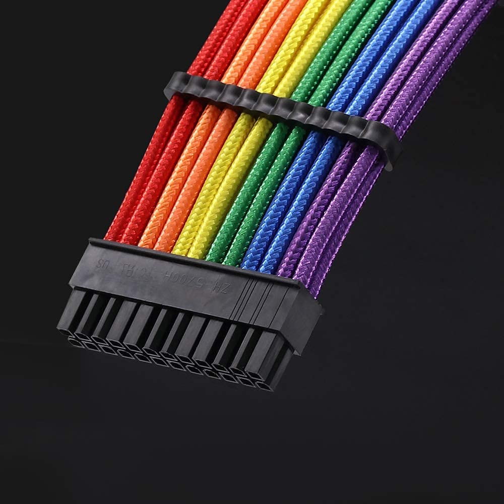 Qingsea 18AWG Power Supply Cable Kit 30cm mod Sleeve Extension Sleeved Custom mod for PSU to Motherboard PC Power Supply Cable (Rainbow)