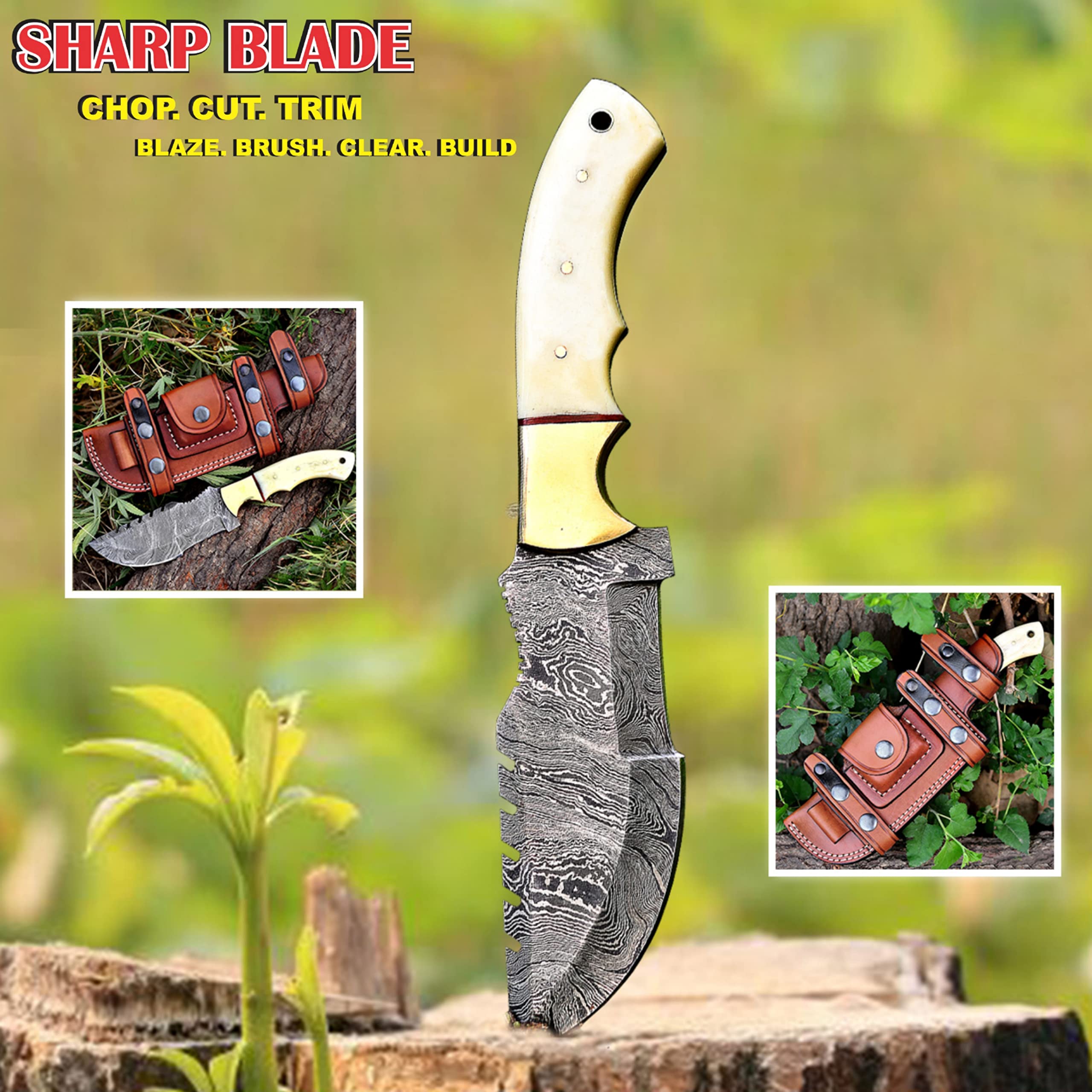 Tracker Knife with Sheath, Damascus Steel Hunting Knife with Bone Handle, Fixed Blade Bushcraft Survival Knife, Horizontal Carry Knife