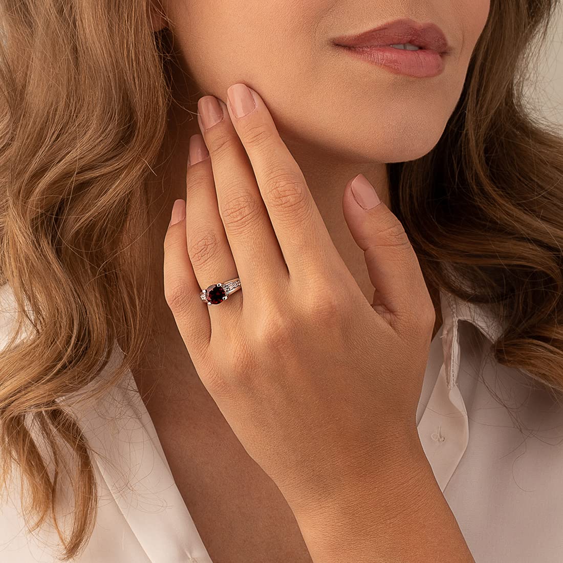 PEORA Garnet Cathedral Solitaire Ring for Women 925 Sterling Silver, Natural Gemstone Birthstone, 2.50 Carats Round Shape 8mm, Size 6
