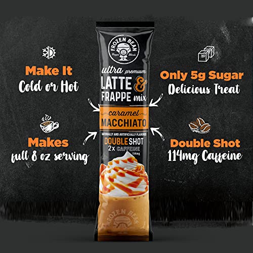 The Frozen Bean - Vanilla Bean Coffee Frappe & Latte Instant Mix with Arabica Coffee, Double Caffiene, Low Sugar - for Hot, Iced, or Frappuccino-Style Blended Drinks - (20) 0.53oz Single Serve Sticks