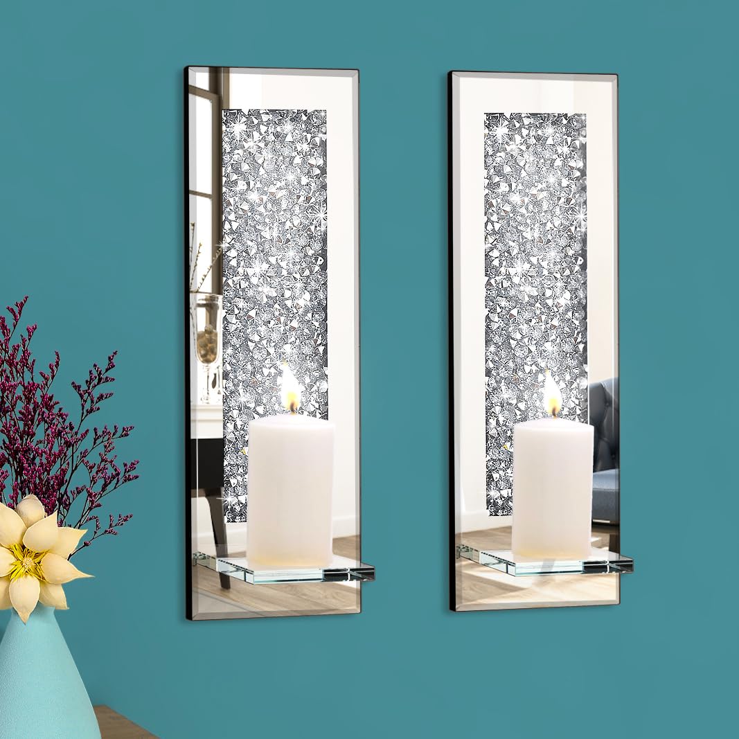 Pibeyer Crushed Diamond Wall Candle Holder, Crystal Mirrored Candle Sconces with Acrylic Diamond,Silver Home Décor