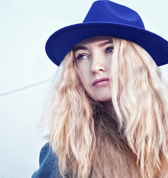Qkrlamx Black Fedora Hats for Women Wool Panama Hat with Pearl Band Wide Brim Felt Hat Classic Trilby Hat Blue