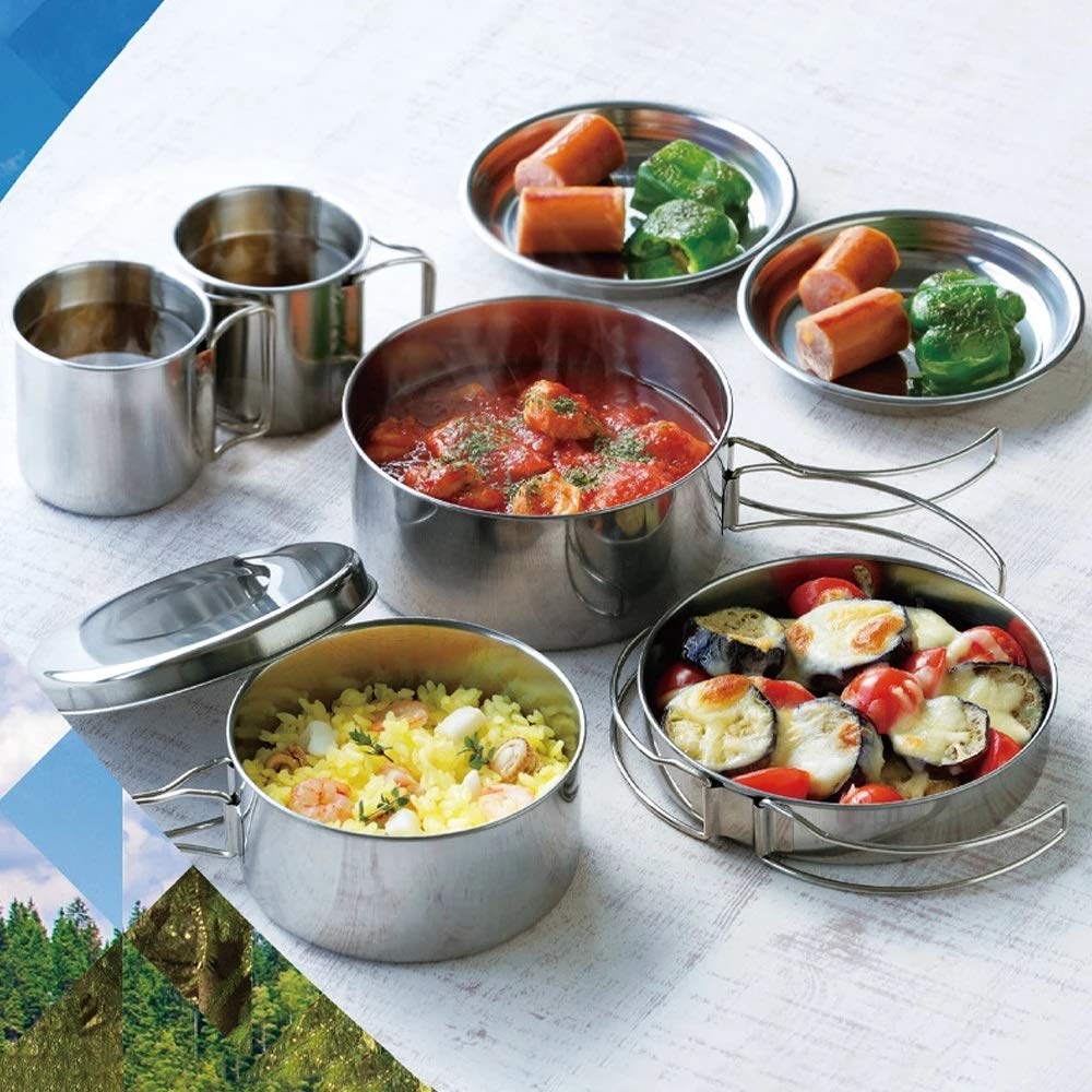 YFDM 8pcs Outdoor Pan Set Stainless Steel Stacking Pots Hiking Pot Camping Cookware Non-Stick Picnic Cooking Bowl Pot Kit