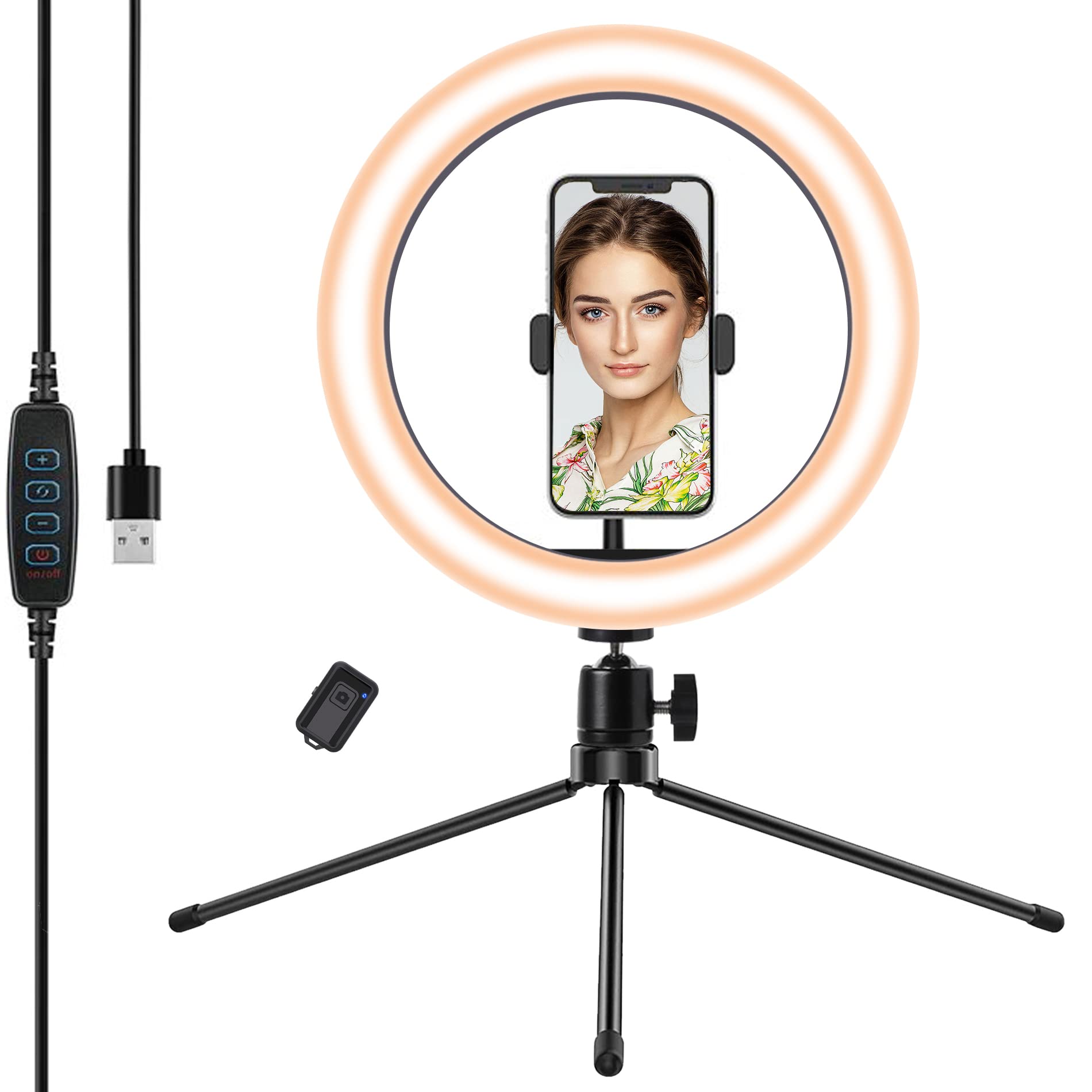 SUMCOO Dimmable Selfie 10" LED Desk Ring Light with Tripod Stand & Phone Holder & Remote for Live Streaming, TikTok Photography, iOS and Android Smartphone with 3 Light Modes & 10 Brightness Level