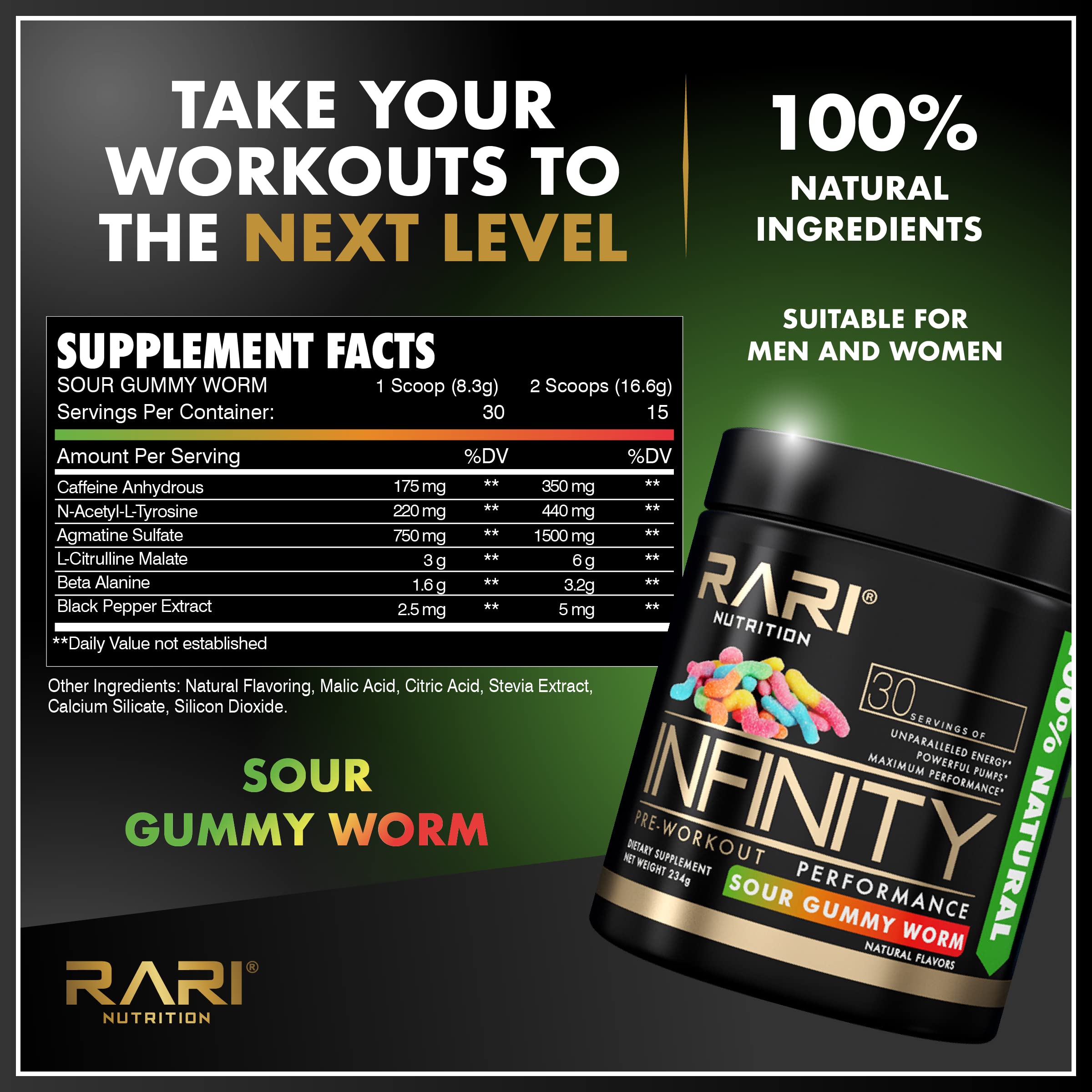 RARI Nutrition Infinity Pre Workout Performance - Pre workout for Women and Men, High-Performance Energy Powder - 30 Servings - Sour Gummy Worm