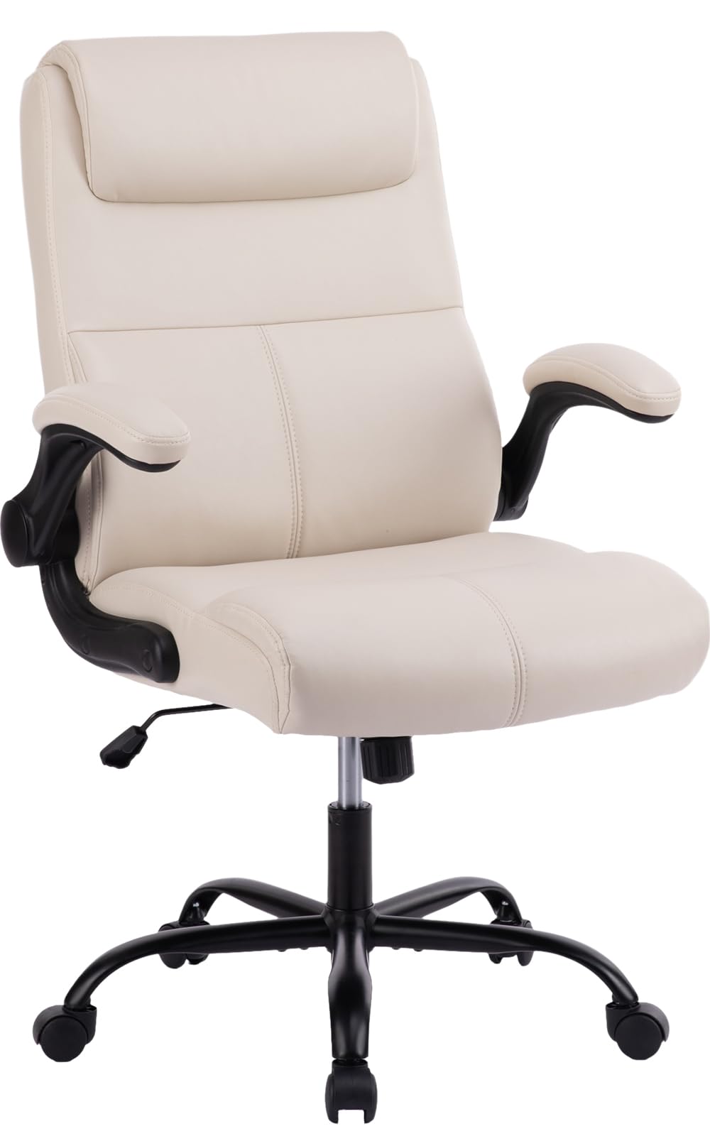 NEWBULIG Ergonomic PU Leather Desk Mid Back Computer Flip Up Armrests Height Adjustable Executive Office Lumbar Support Swivel Task Chair, 20" D x 20" W x 43" H, White