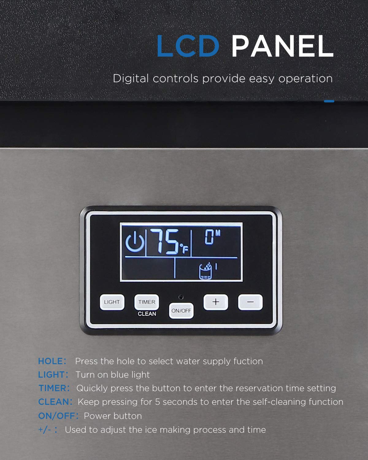 WATOOR Commercial Ice Maker Machine with Bottom-Loading Water System, LCD Display Under Counter or Freestanding 100lbs/24h