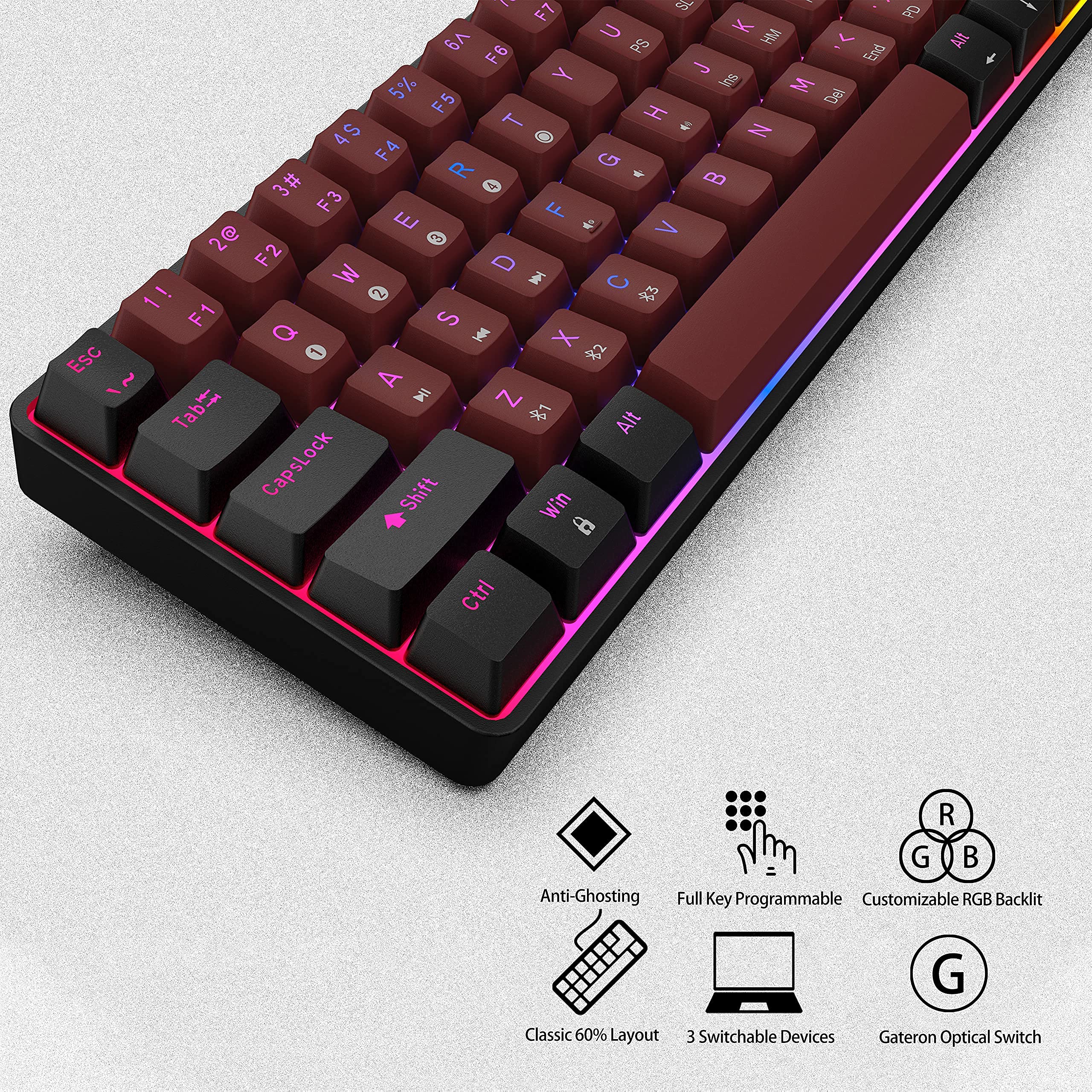 TMKB GK61 60% Mechanical Gaming Keyboard,Hot Swap Dual-Mode RGB Blacklit Ultra-Compact Mini Compact 61 Keys Keyboard for PC/Mac Gamer Full-Key Programmable (Red Switch)