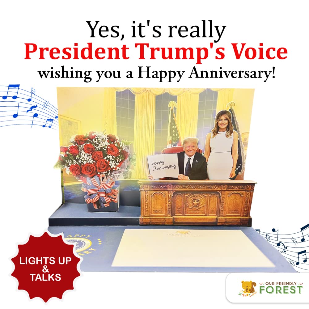 OUR FRIENDLY FOREST 2 Pack of Talking Trump Birthday Card & Donald Pop Up Anniversary Card with LIGHT & SOUND