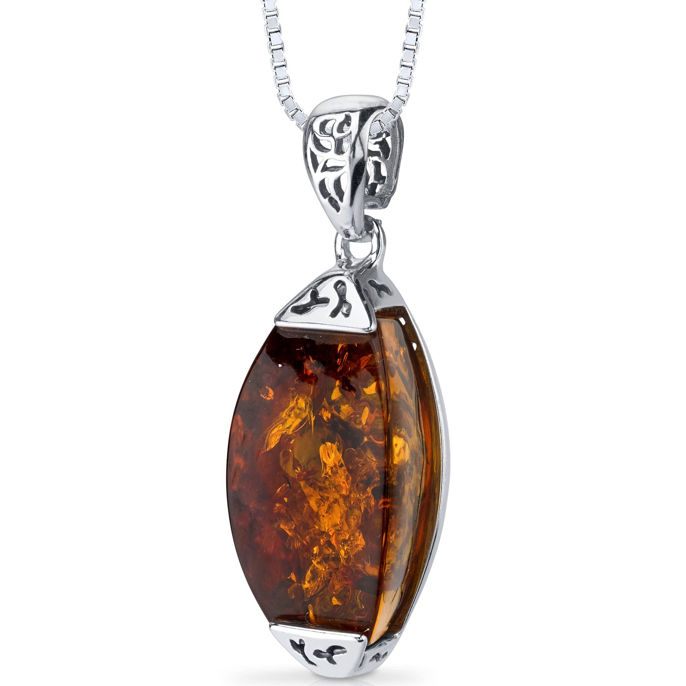 PEORA Genuine Baltic Amber Gallery Drop Pendant Necklace for Women 925 Sterling Silver, Rich Cognac Color, with 18 inch Chain
