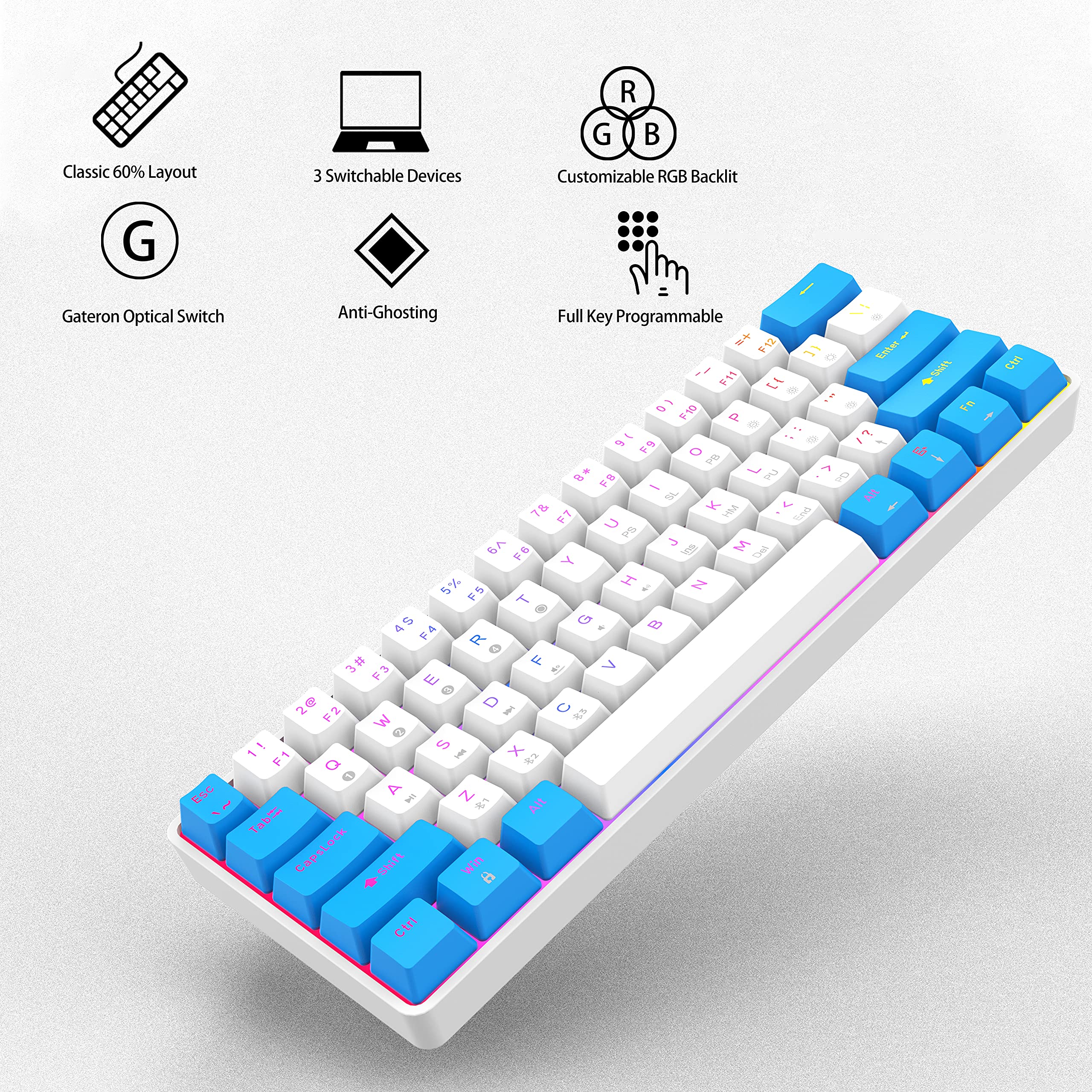 TMKB GK61 60% Wireless Keyboard Hot Swap Dual-Mode RGB Blacklit Audible Click Sound Mini Compact 61 Keys Mechanical Keyboard for PC/Mac Gamer Full-Key Programmable (Gateron Optical Brown Switch)