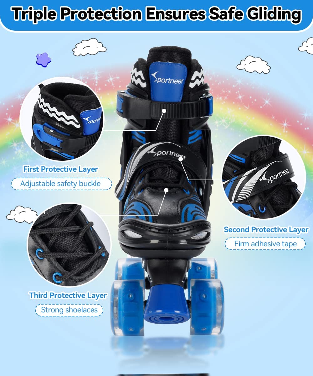 Roller Skates for Boys 4 Sizes Adjustable, Sportneer Light Up Kids Roller Skates for Age 3-5 6-12 Roller Skates with Protective Gears Illuminating Wheels Gift for Kids Toddler Beginner