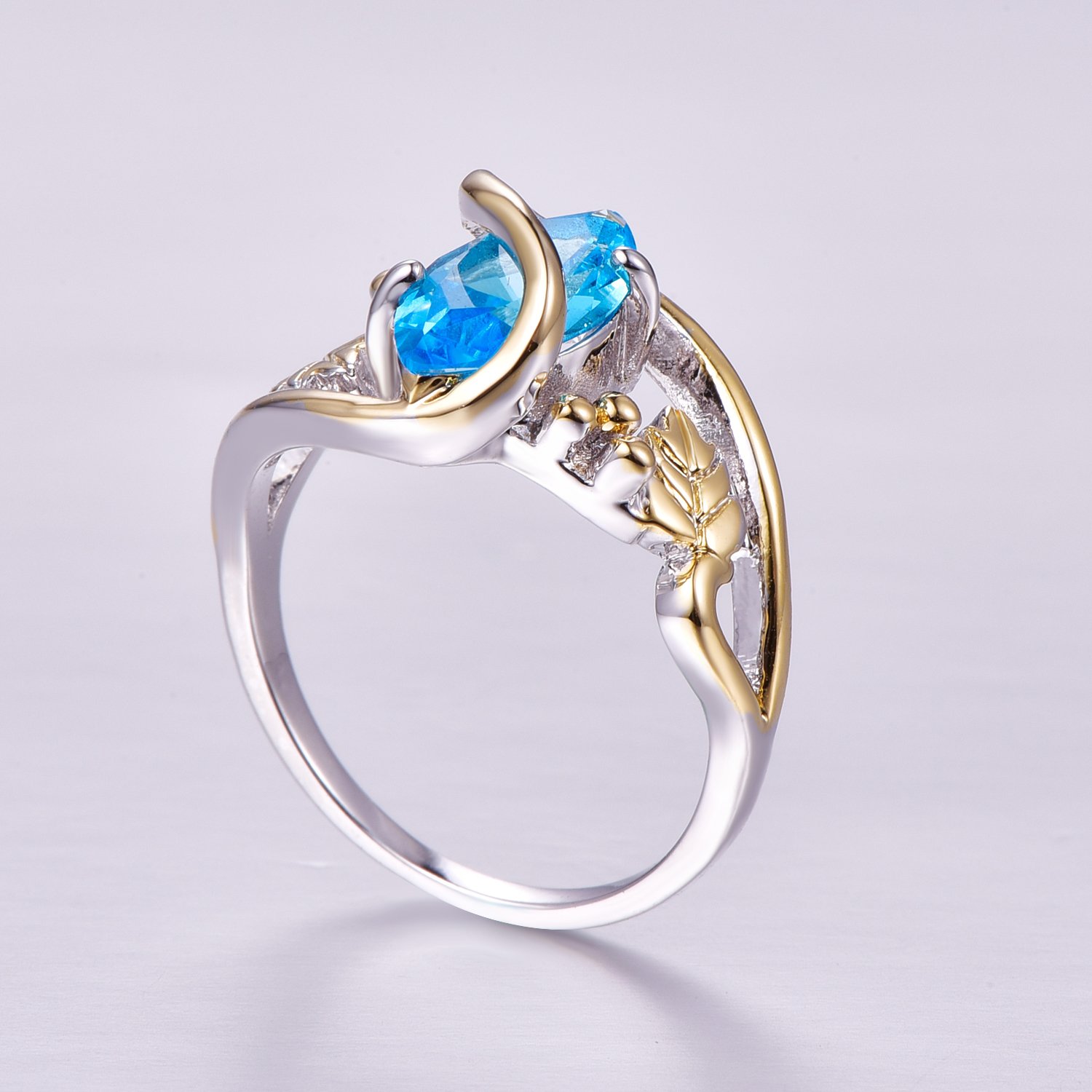 Psiroy 925 Sterling Silver Plated Marquise Simulated Blue Topaz Leaf Ring Size 8