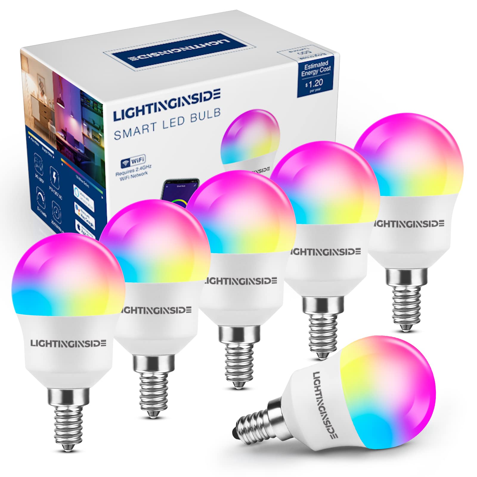 Smart Light Bulbs, WiFi G16.5 Globe Shape E12 LED Bulbs, 50 Watt Equivalent, 5W 500lm, 2700-6500K+RGB, Ceiling Fan/Candelabra/Chandelier Small Light Bulbs, 6PCS