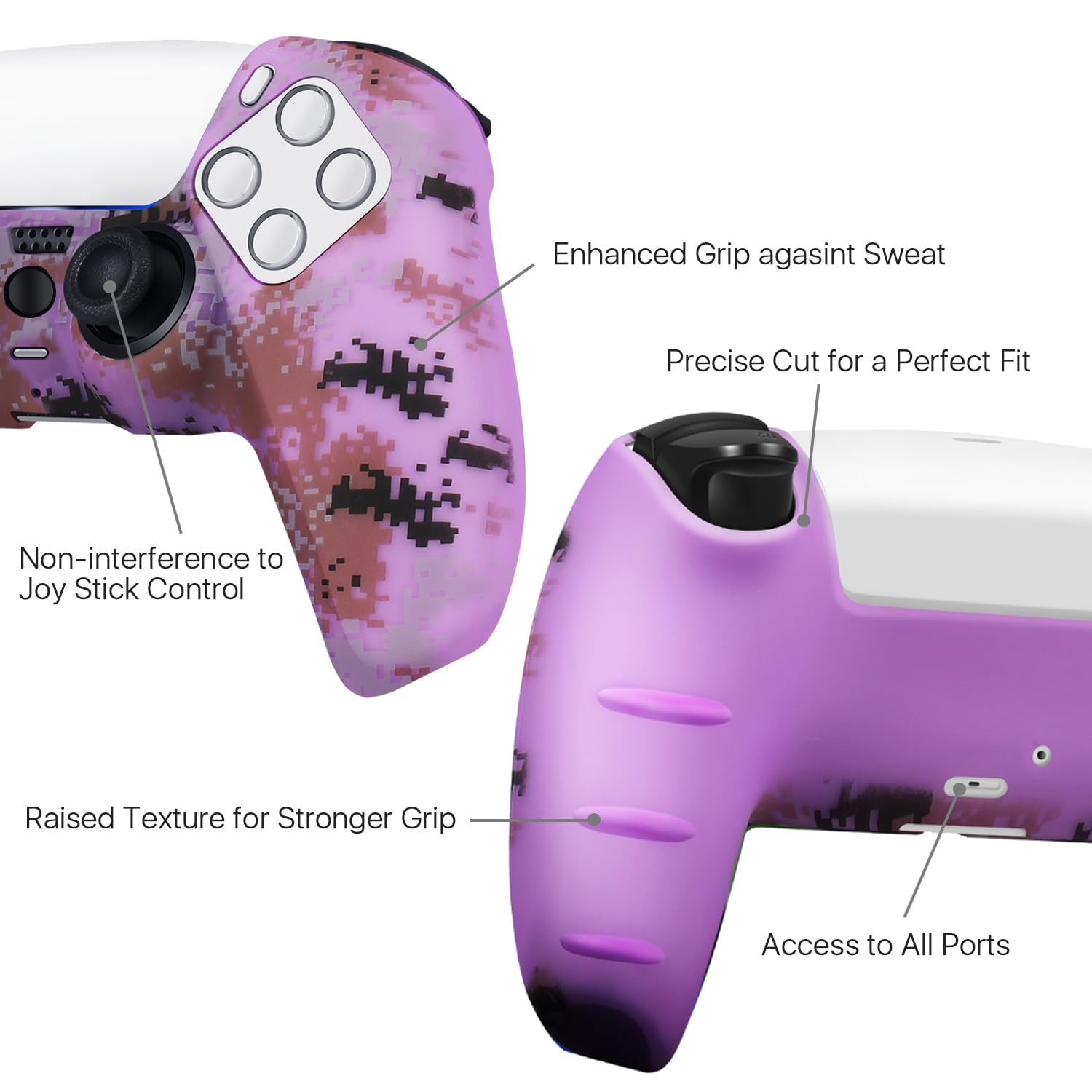 TNP Controller Case for PS5 Silicone Controller Skin for Dualsense Cover + 8 Pro Thumb Grips Set Sony Playstation 5 Skins Accessories Camo Purple with Ergonomic Textured Grip