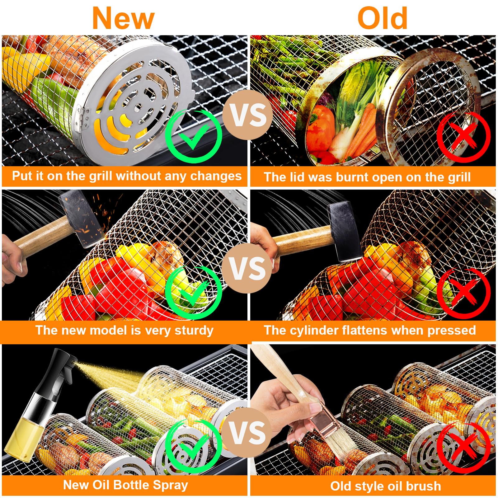 Rolling Grilling Baskets Outdoor Accessories Stainless Steel Cylinder Tubes Vegetable Cage Veggie Grill Bbq Basket Nets Veggies Barbecue Round Net Cylinders Barbeque Kabob Fish Meat Gear Gift (2pcs)