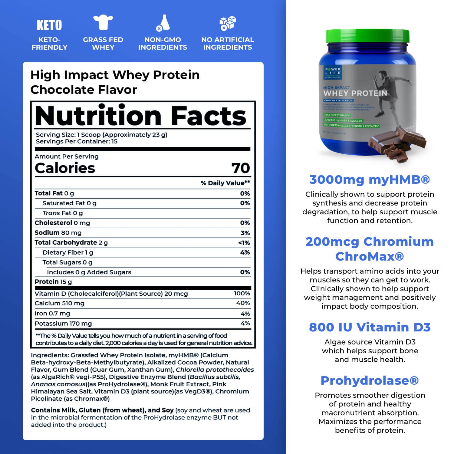 POWERLIFE Tony Horton High Impact Grass Fed Whey Protein with 3000 MG of HMB, No Sugar Added, Non-GMO (Chocolate) + High Impact Endurance