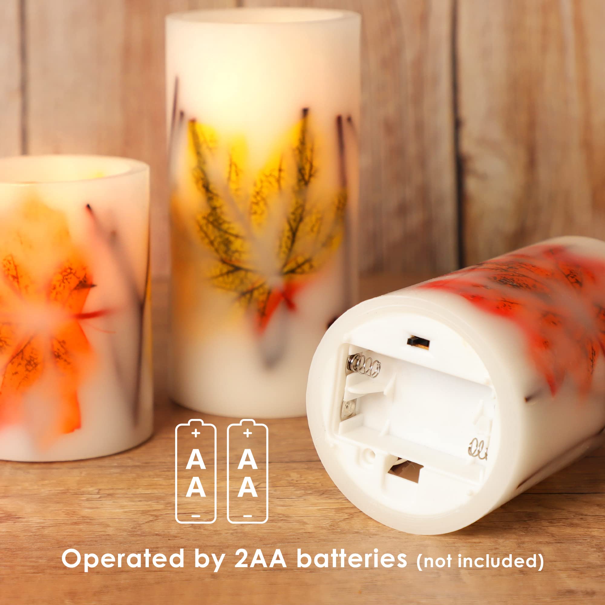 PETRISTRIKE Fall Flameless Candles, Autumn Maple Leaf Led Candles with Remote & Timer, Realistic Flickering Real Wax Candles for Harvest Festive, Thanksgiving Day, Party Decorations