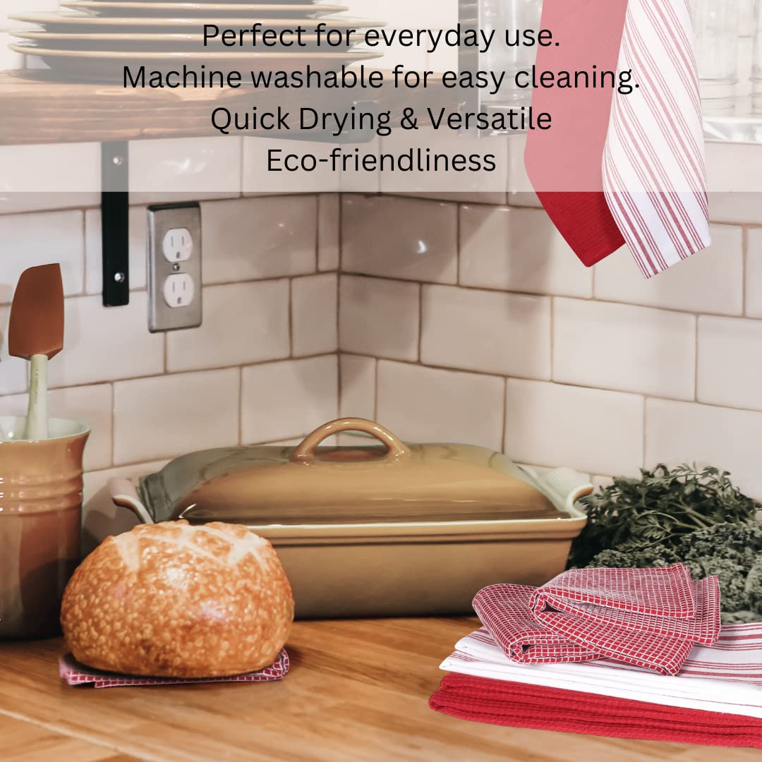 Urbana Cotton Set of 6 Assorted Waffle Kitchen Towels 100% Cotton Super Soft Absorbent Reusable Cleaning Cloths Machine Washable Weave Tea Towel with Hanging Loop (Red & White, 16 X 26 Inches)