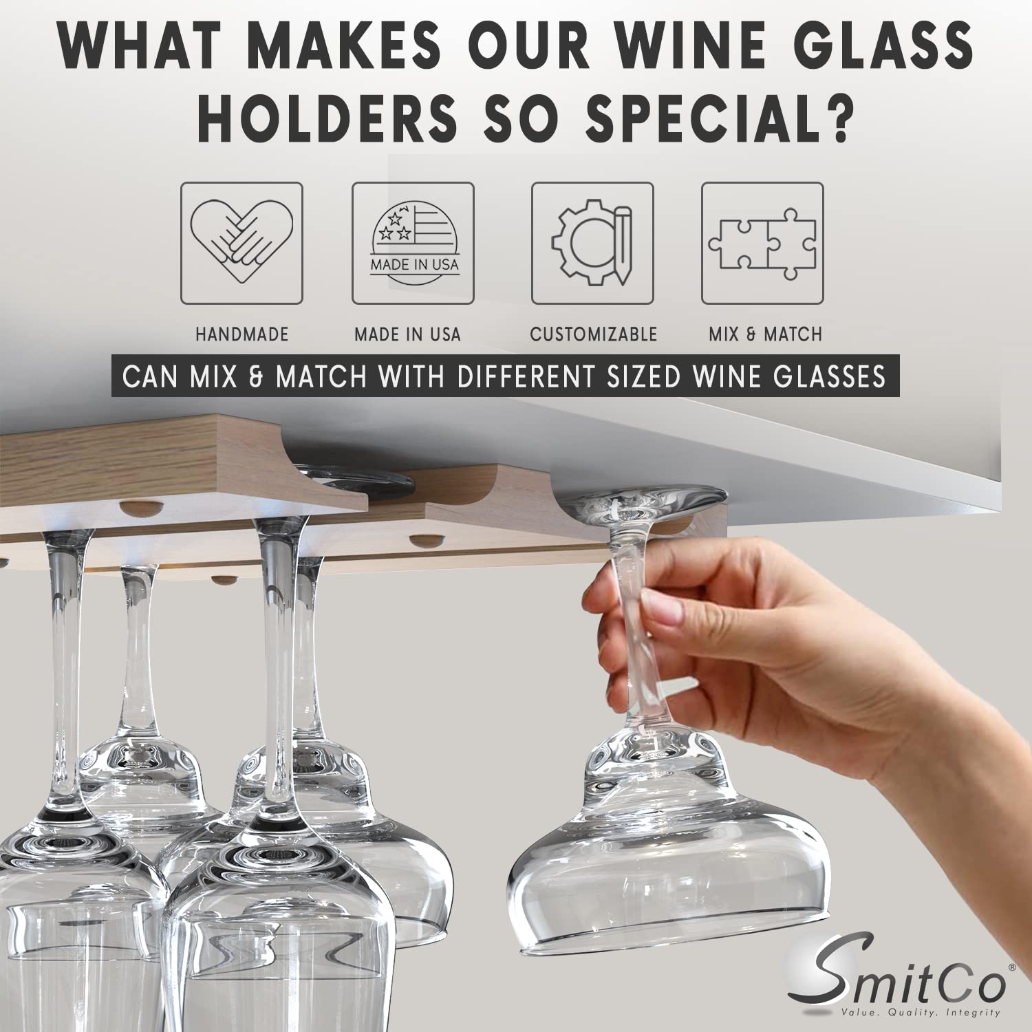Wooden Wine Glass Holder for Under Cabinet | Under Shelf Kitchen Stemware Rack | Wood Holding Rack for Wine Glasses and Stemware| Stemware and Glassware Hanger and Organizer- Stores Up to 12 Glasses