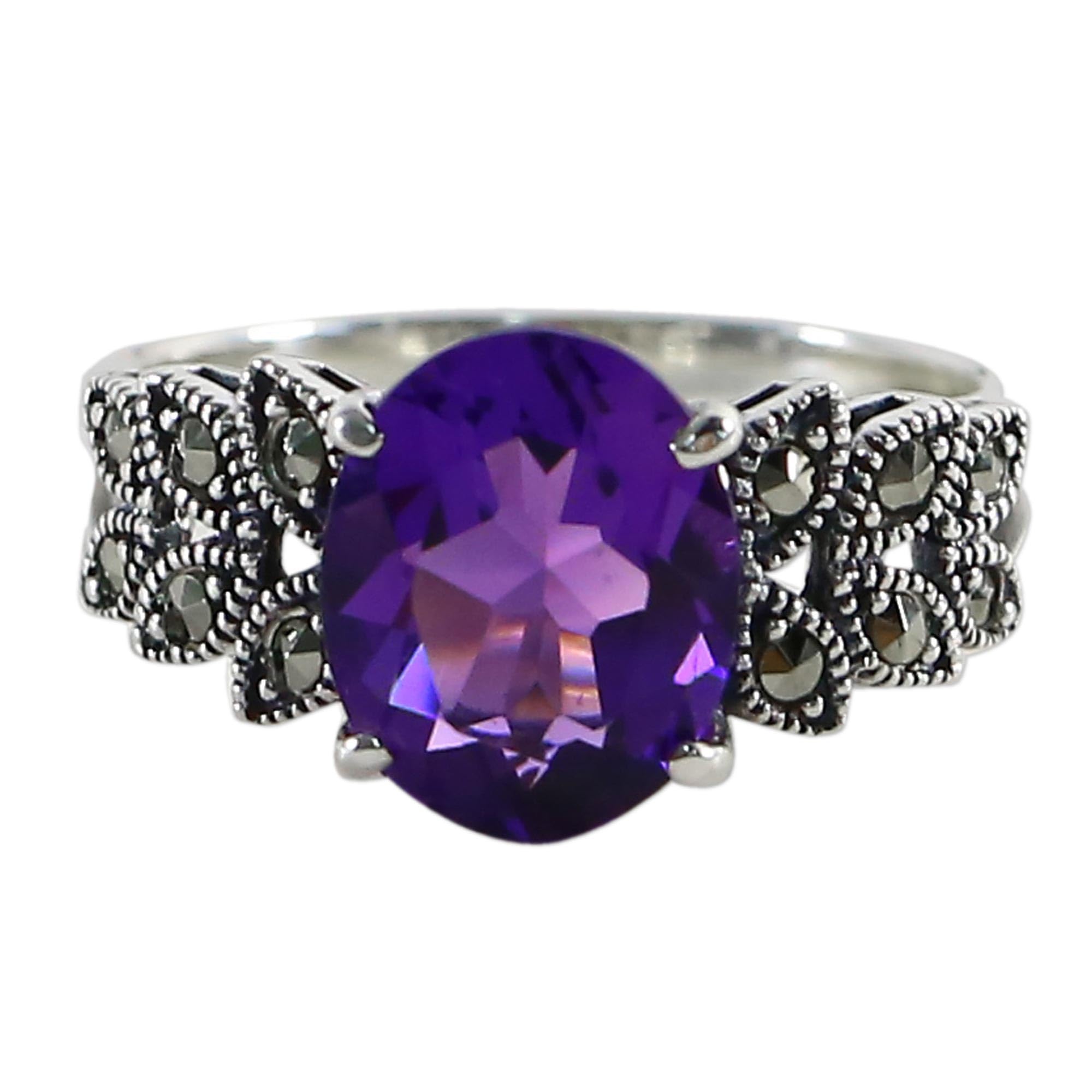 NOVICA Artisan Handmade .925 Sterling Silver Amethyst Marcasite Cocktail Ring from Thailand Birthstone 'Purple Queen'