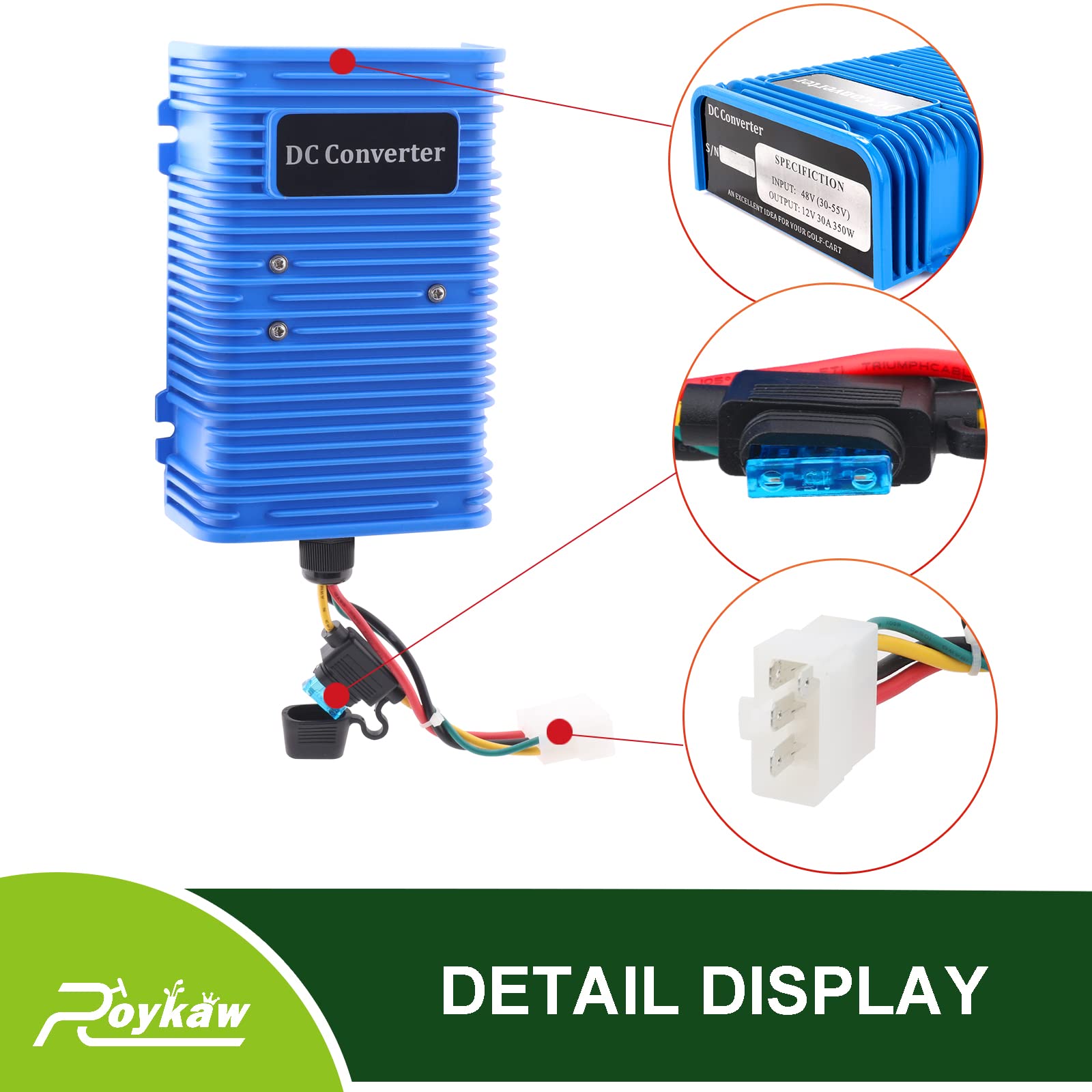 Roykaw Golf Cart Voltage Reducer Regulator Converter 36/48V to 12V Compatible with E-Z-GO Club Car Yamaha (30A/350W)