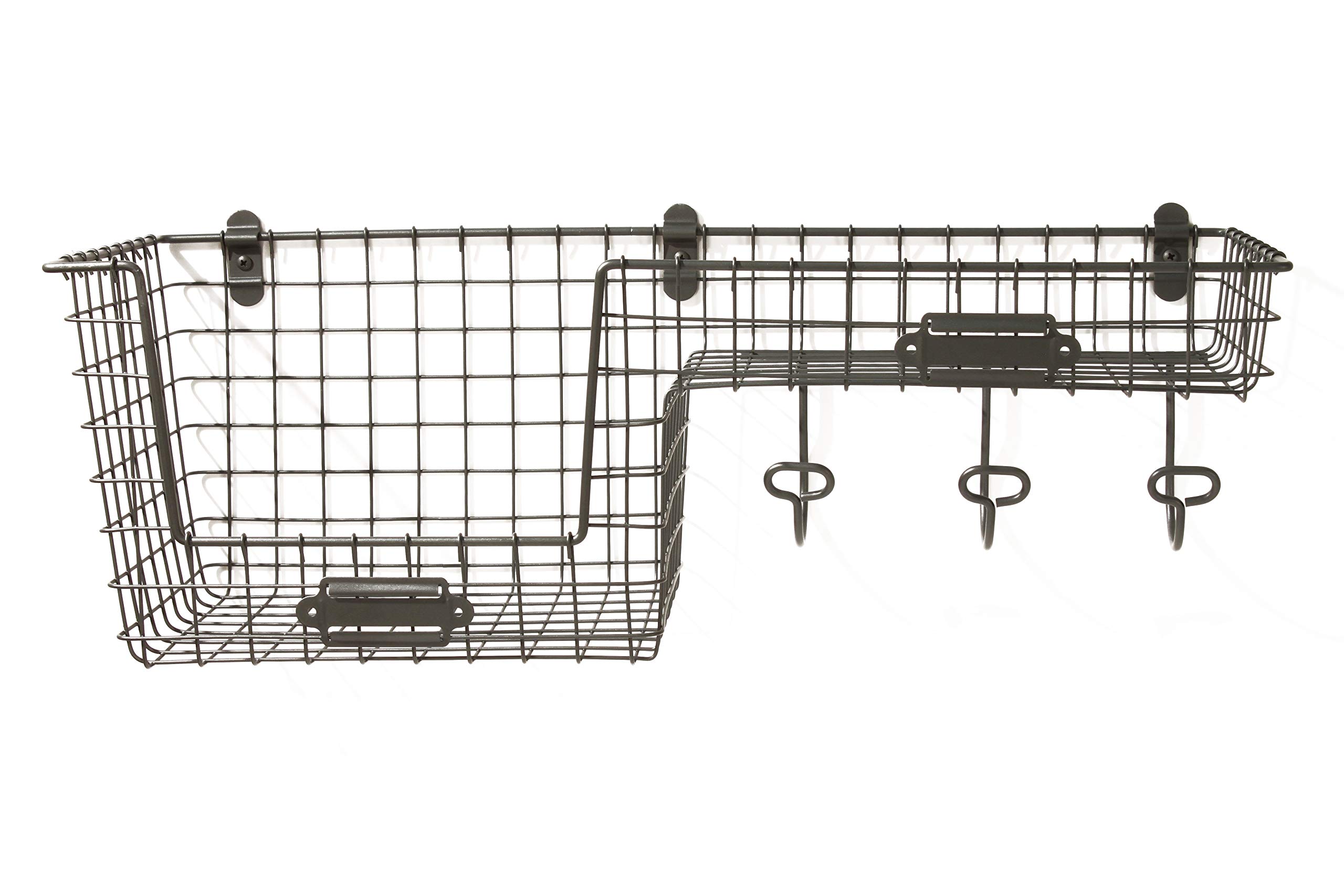 Spectrum Diversified Vintage Station, 2 Baskets with Label Plates for Entryway Storage, Sturdy Steel Hooks for Jackets, Leashes & Accessories, Rustic Farmhouse Decor, Large, Industrial Gray