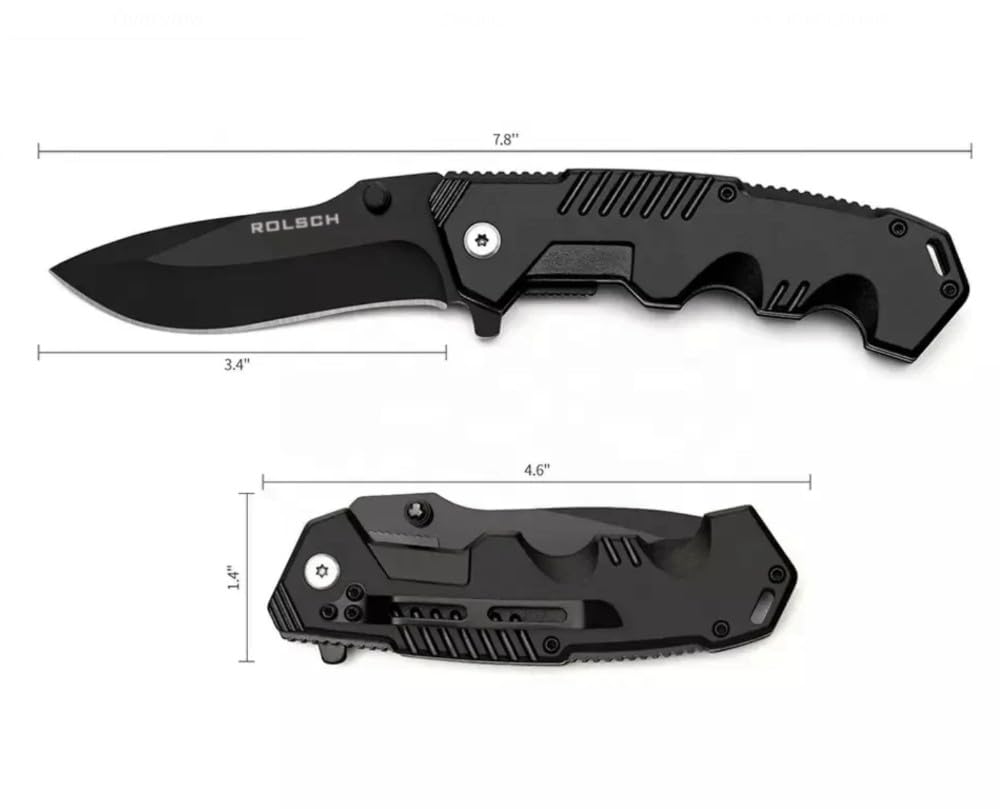 ROLSCH - Black Tactical Knife - Spring Assisted Folding Knife β Black Stainless Steel Blade and Black Aluminum Handle with Pocket Clip - Great Folding Knife for Hunting, Camping, Survival, Tactical, EDC