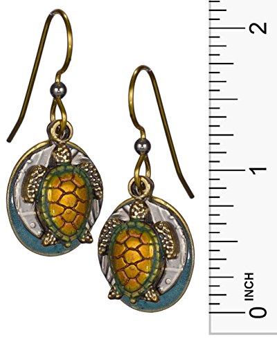 Orange Turtle Layered over Hammered Textured Circular Blue Disc Earrings by Silver Forest