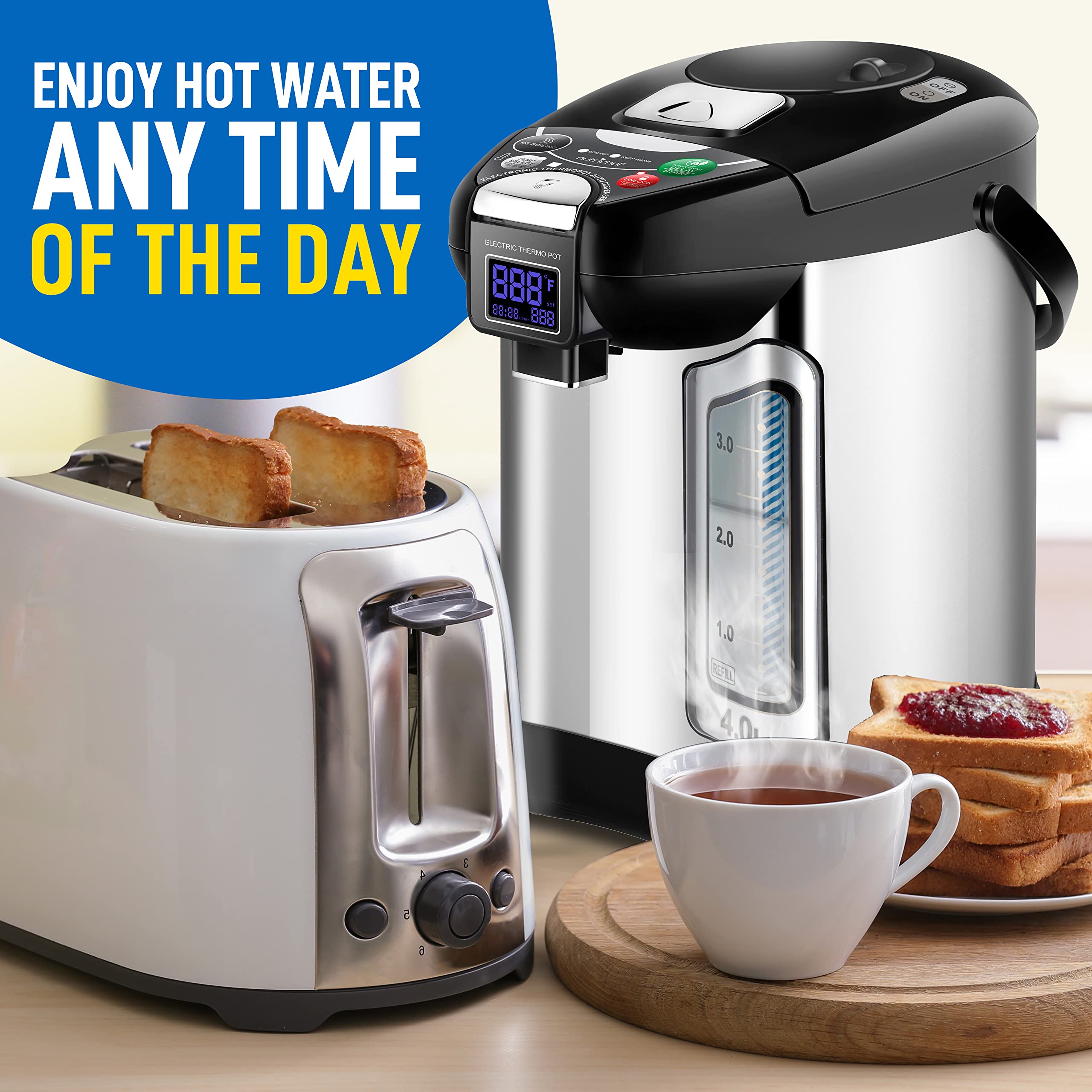 NutriChef Digital Water Boiler and Warmer - 3L/3.17 Qt Stainless Electric Hot Water Dispenser w/ LCD Display, Rotating Base, Keep Warm, Auto Shut Off, Safety Lock, Instant Heating for Coffee & Tea