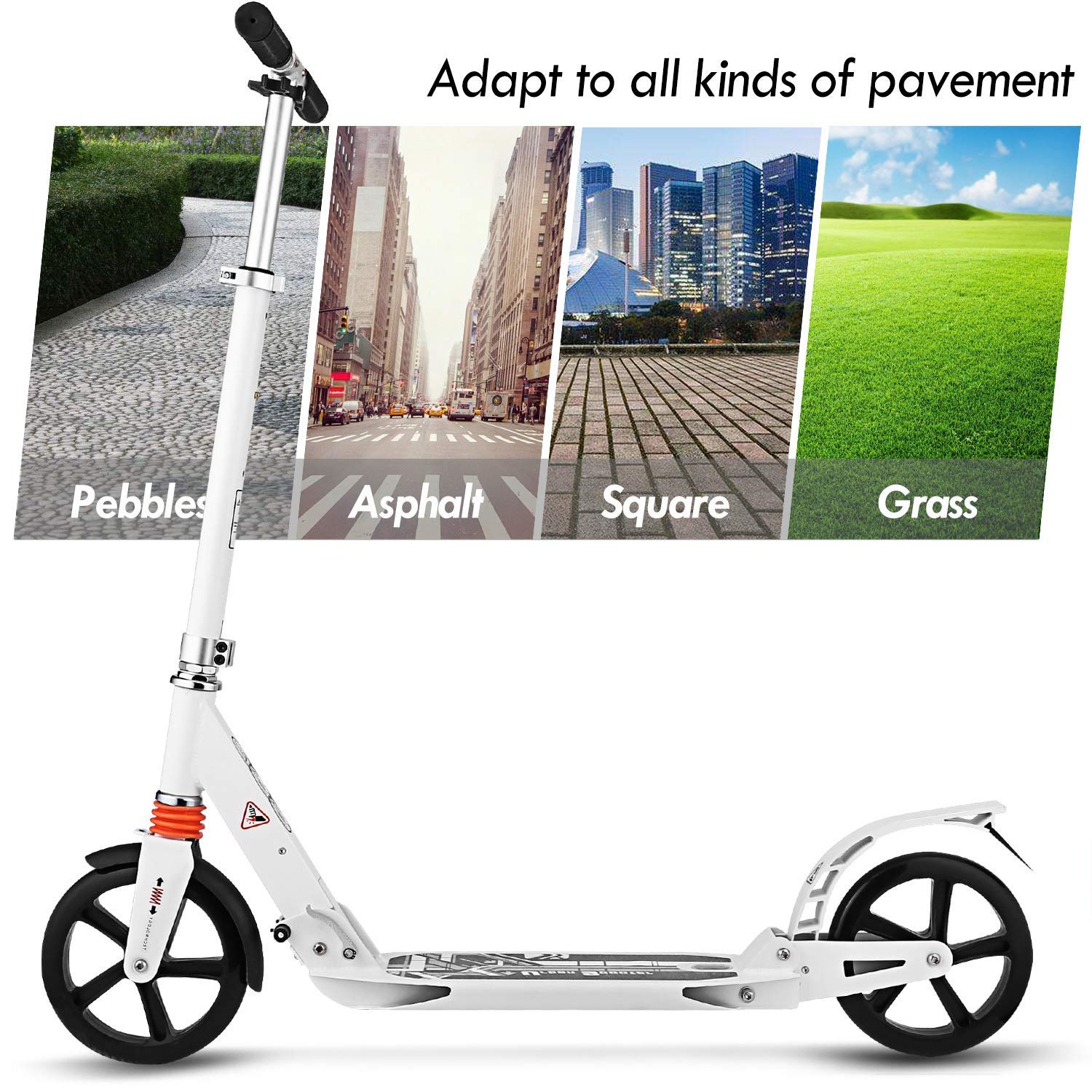 Scooter for Adults/Teens/Kids, 200mm Big Wheels Scooter Easy Folding Lightweight Height Adjustable Rear Fender Brake Scooter Support 220lbs (White)
