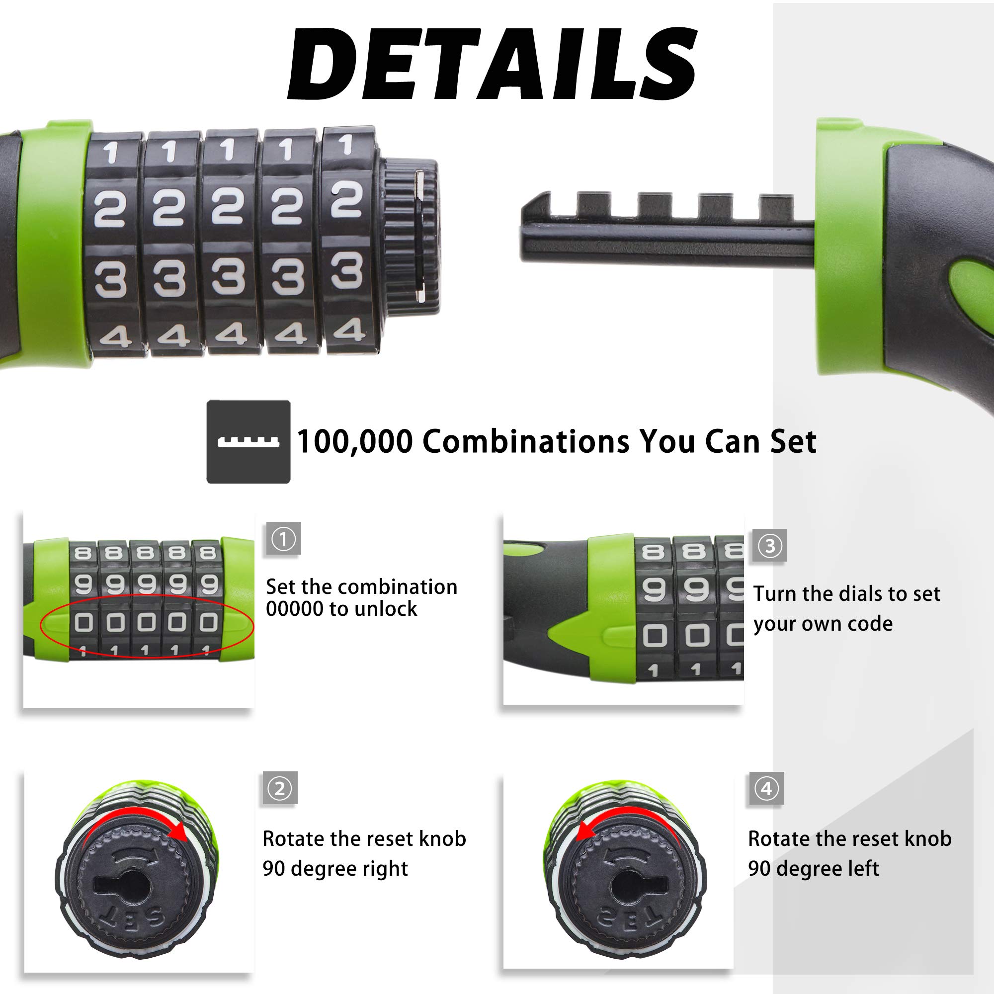 SMARTIST Bike Lock Cable, 4 FT 5 Digit Resettable Bicycle Lock with Mounting Bracket, Bike Locks with Combinations for City Bike, Grills, Ladders - 12 mm/0.47in Diameter, Green
