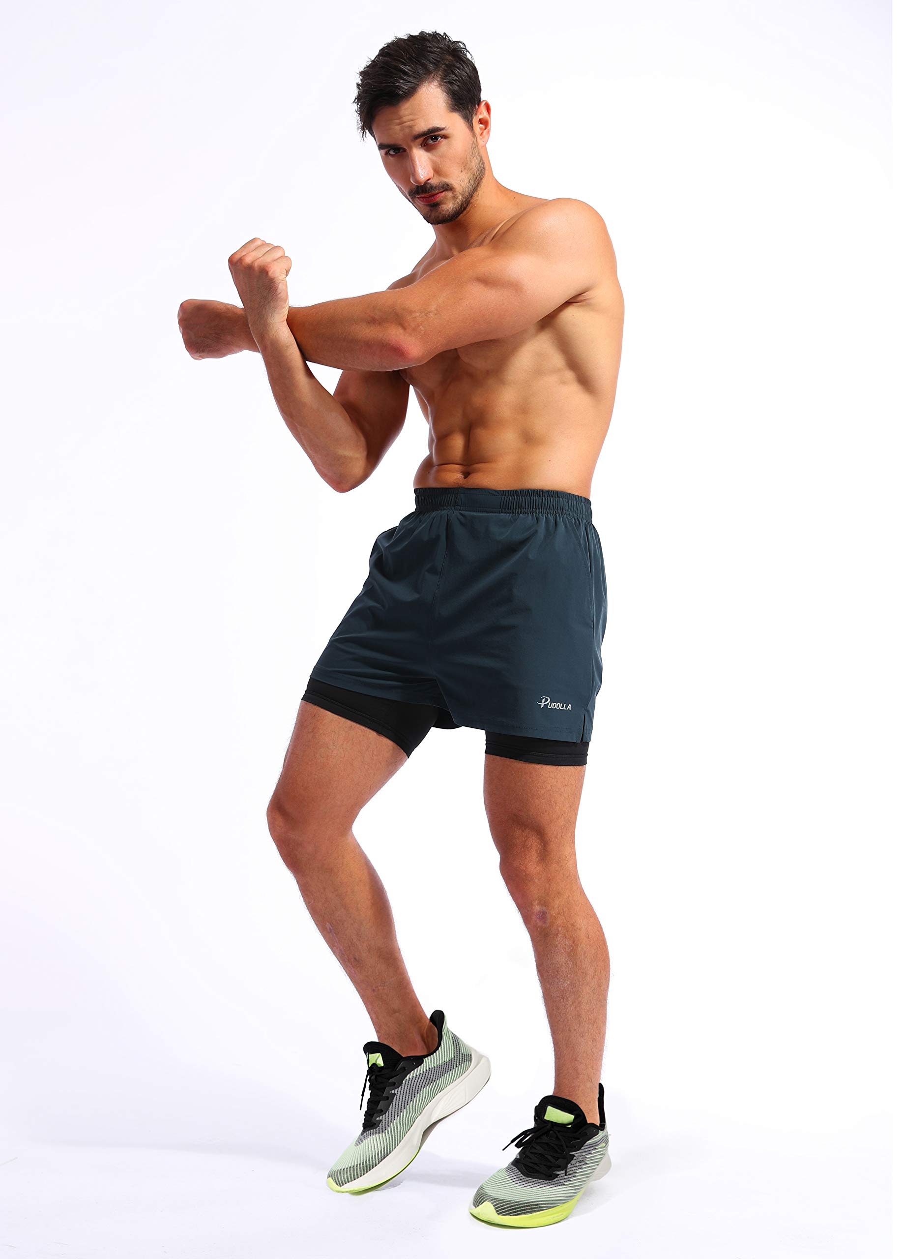 Pudolla Men’s 2 in 1 Running Shorts 5" Quick Dry Gym Athletic Workout Shorts for Men with Phone Pockets(Navy Blue Small)