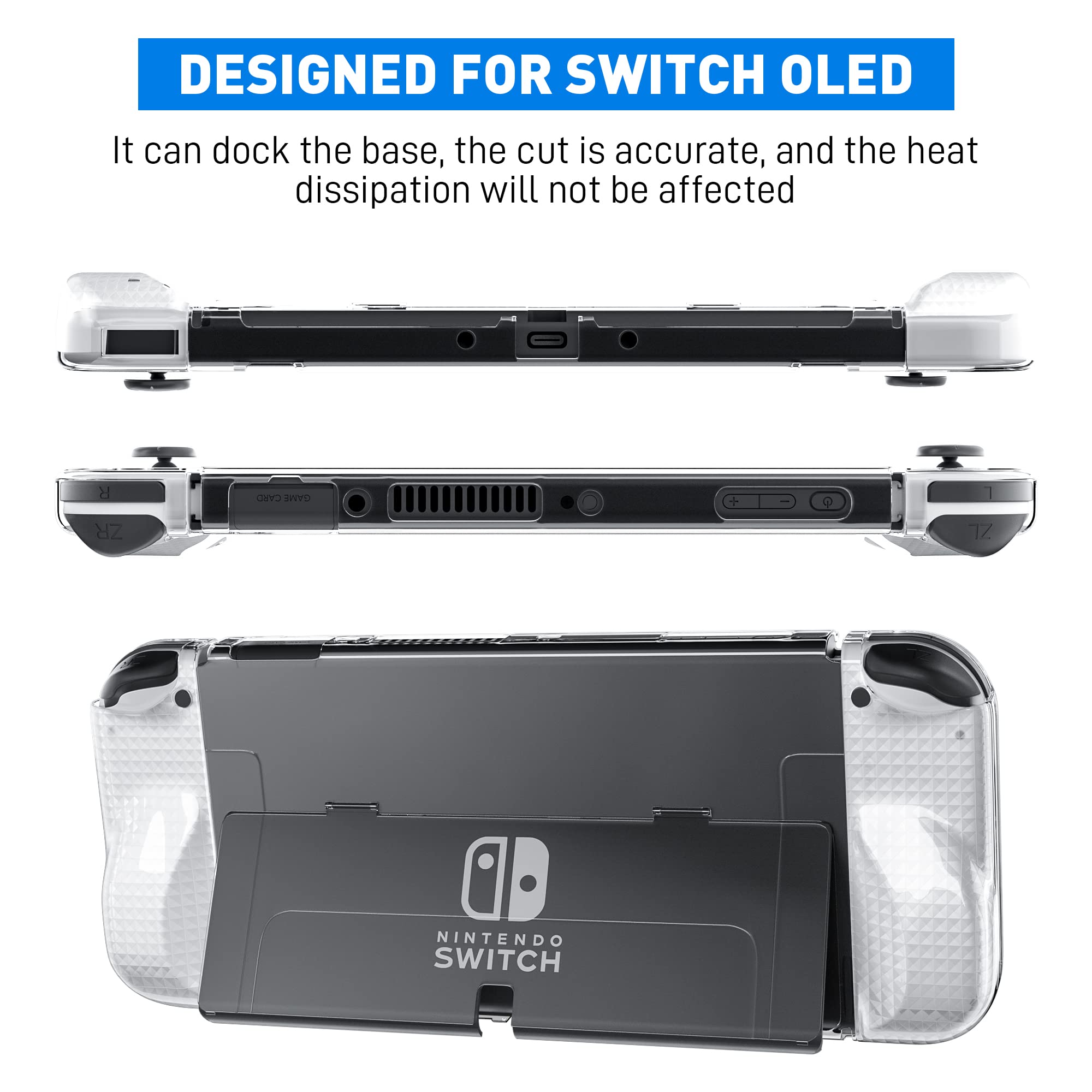 Upgraded Version - FANPL Clear Case Compatible with Nintendo Switch OLED, Dockable Case Cover for Switch OLED, Hard PC Console Shell and Soft TPU Ergonomic Joycon Case with Transparent Lattice Pattern