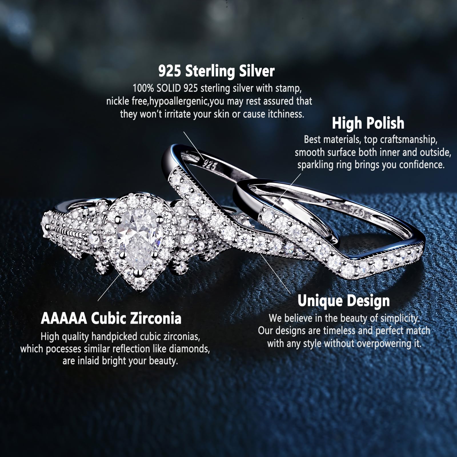 Newshe Wedding Rings for Women 5A Cz Engagement Band 925 Sterling Silver 1.5CT Pear Bridal Sets Size 7