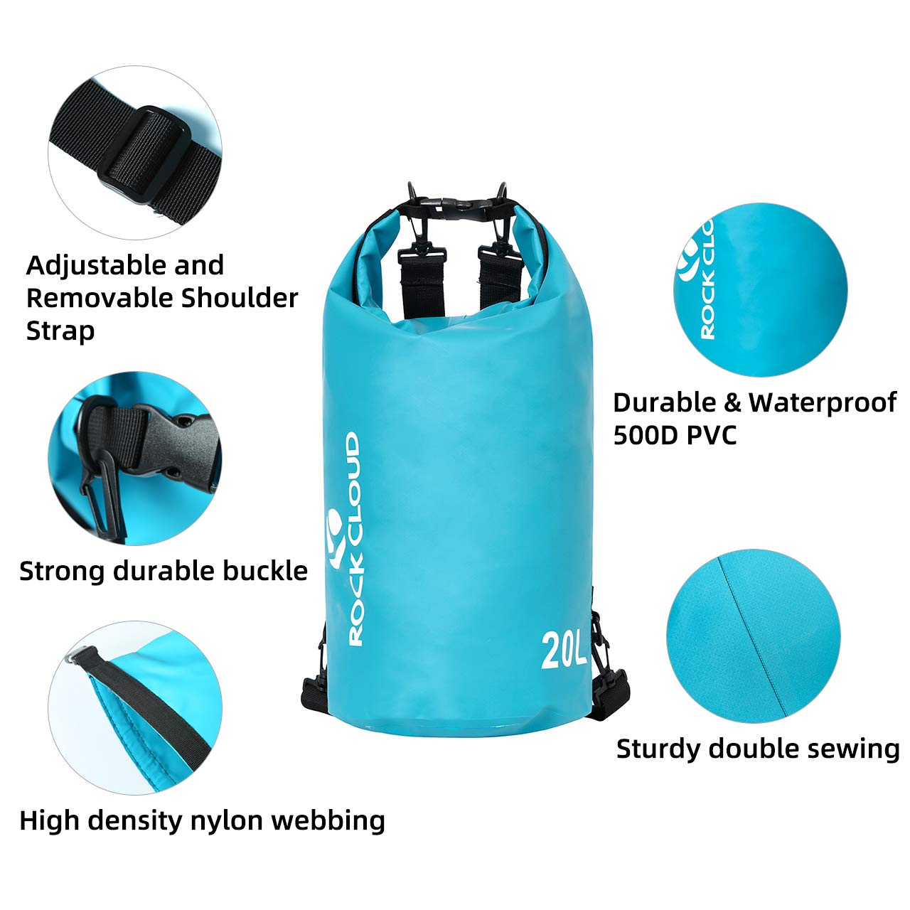 ROCK CLOUD Dry Bag Waterproof 20L Dry Sack for Kayaking Rafting Boating Beach Surfing Swimming Canoe Camping Hiking Fishing Ski, Black