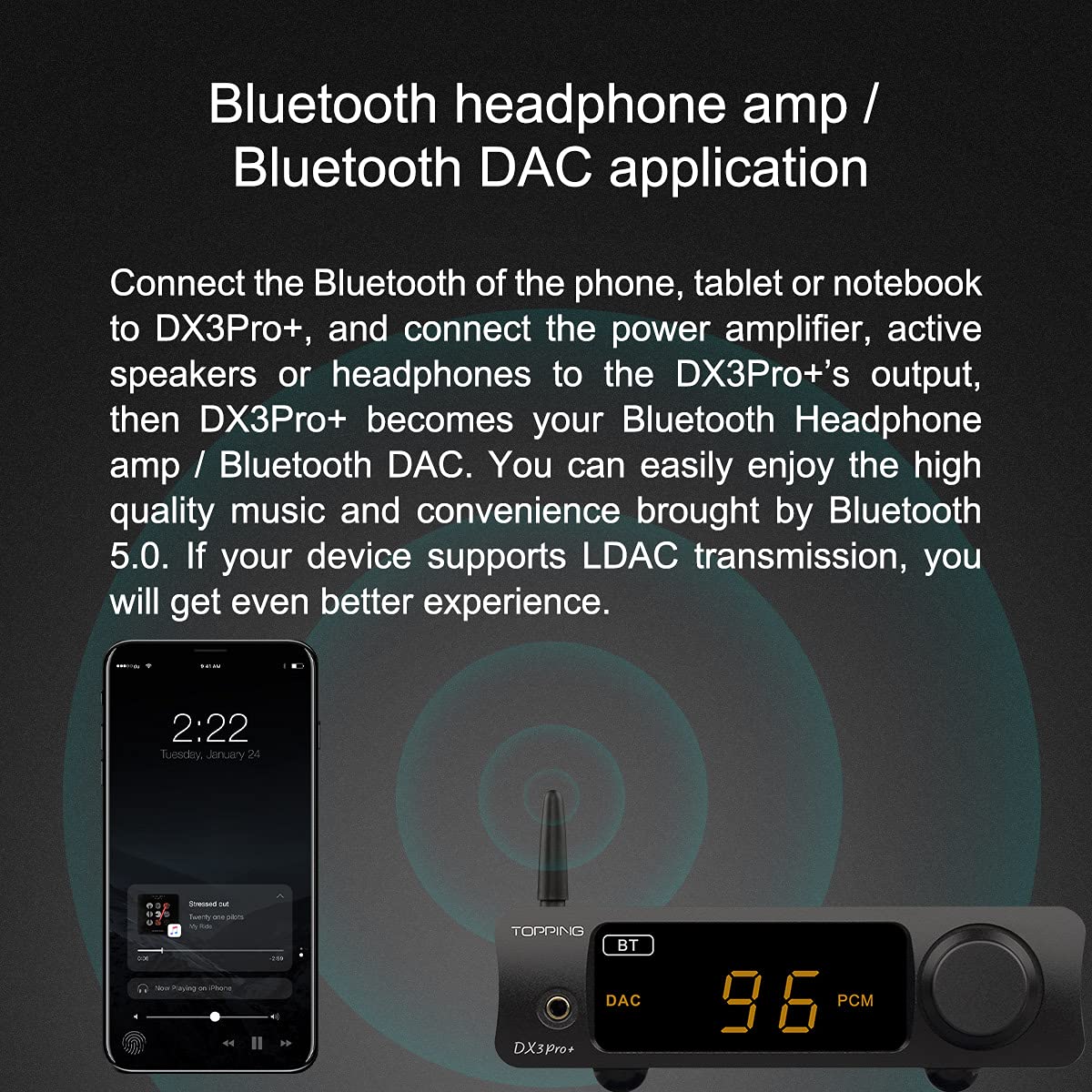 Topping DX3pro+ LDAC Headphone Amplifier - ES9038Q2M XU208 NFCA Bluetooth5.0 Audio Decoder USB/Opt/Coax DAC AMP Pre Amplifier with Remote Control (Sliver)