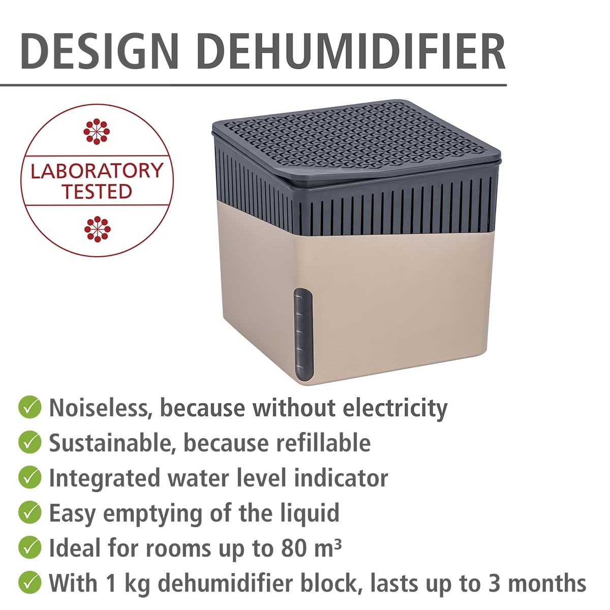 WENKO Portable Dehumidifier Cube Design, Compact and Rechargeable Dehumidifier for Bathroom, Closet, Bedroom, Garage, Covers up to 2800 Cubic Feet, 2.2lbs, Beige, 6.18 x 6.5 x 6.5