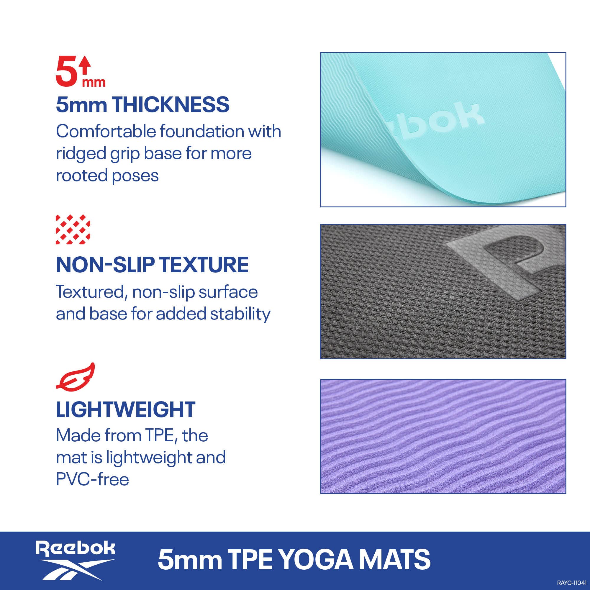 Reebok Yoga Mat - Lightweight, Compact, Rollable, and Cushioned Supportive Workout Mat for Yoga, Pilates, and General Exercise - Non Slip TPE Yoga Mat with Non Slip Texture - 5mm, Purple