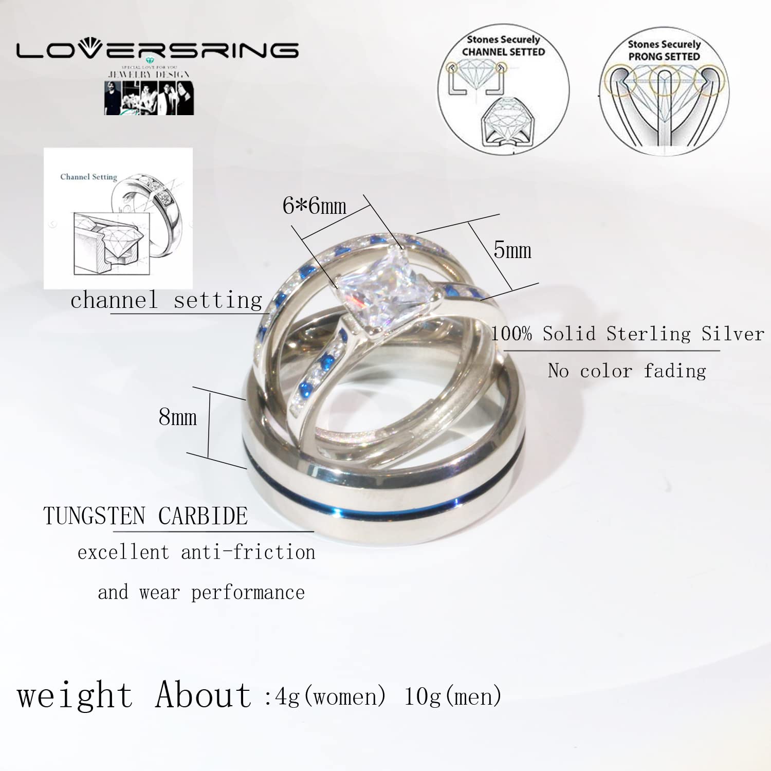 Wedding Ring Sets His And Hers Promise Ring Adjustable size Wedding Ring Sets His And Hers Couples Women 925 Sterling Silver Round Cz Man Tungsten Carbide Wedding Bands