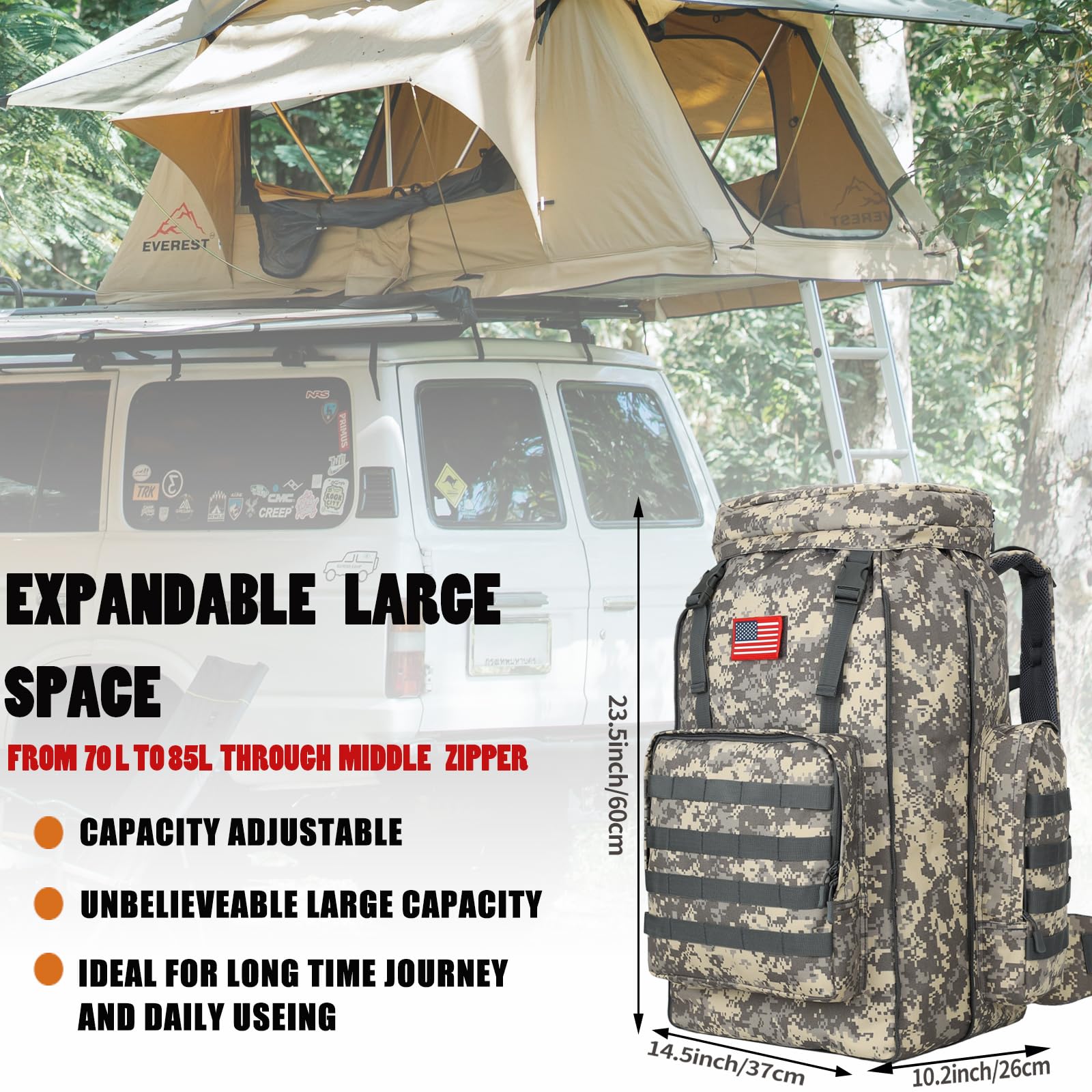 outdoor plus Extra Large Camping Backpack For Men, Military Molle Hiking 2 Daypack 60L70L85L Waterproof Backpacking Rucksack