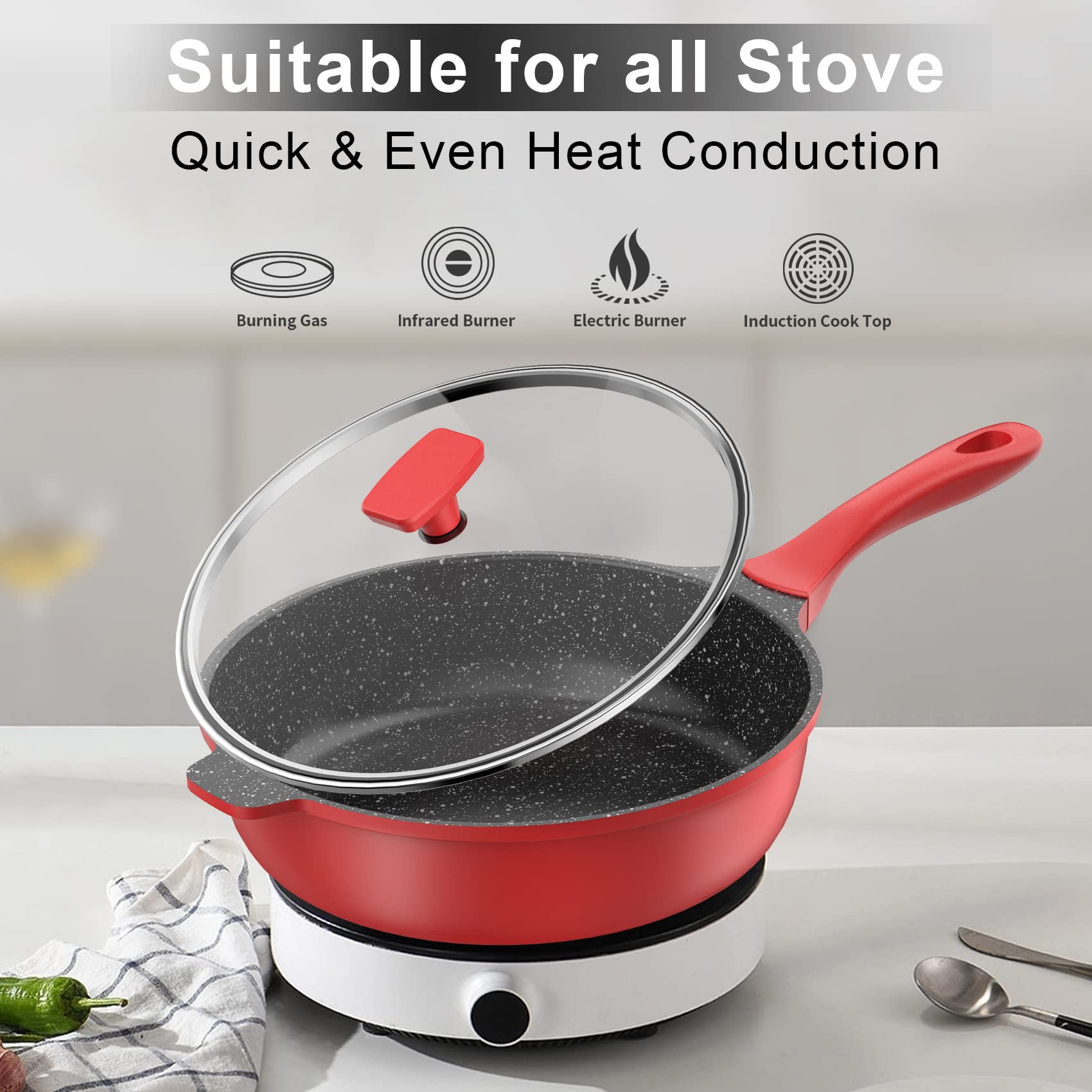 Pots and Pans Set, imarku 11 Pieces Nonstick Induction Kitchen Cookware Set, Toxic-Free Pans set for Cooking, with Frying Pan and Saucepan, Suitable for All Stoves, Ideal Kitchenware Gift, Red