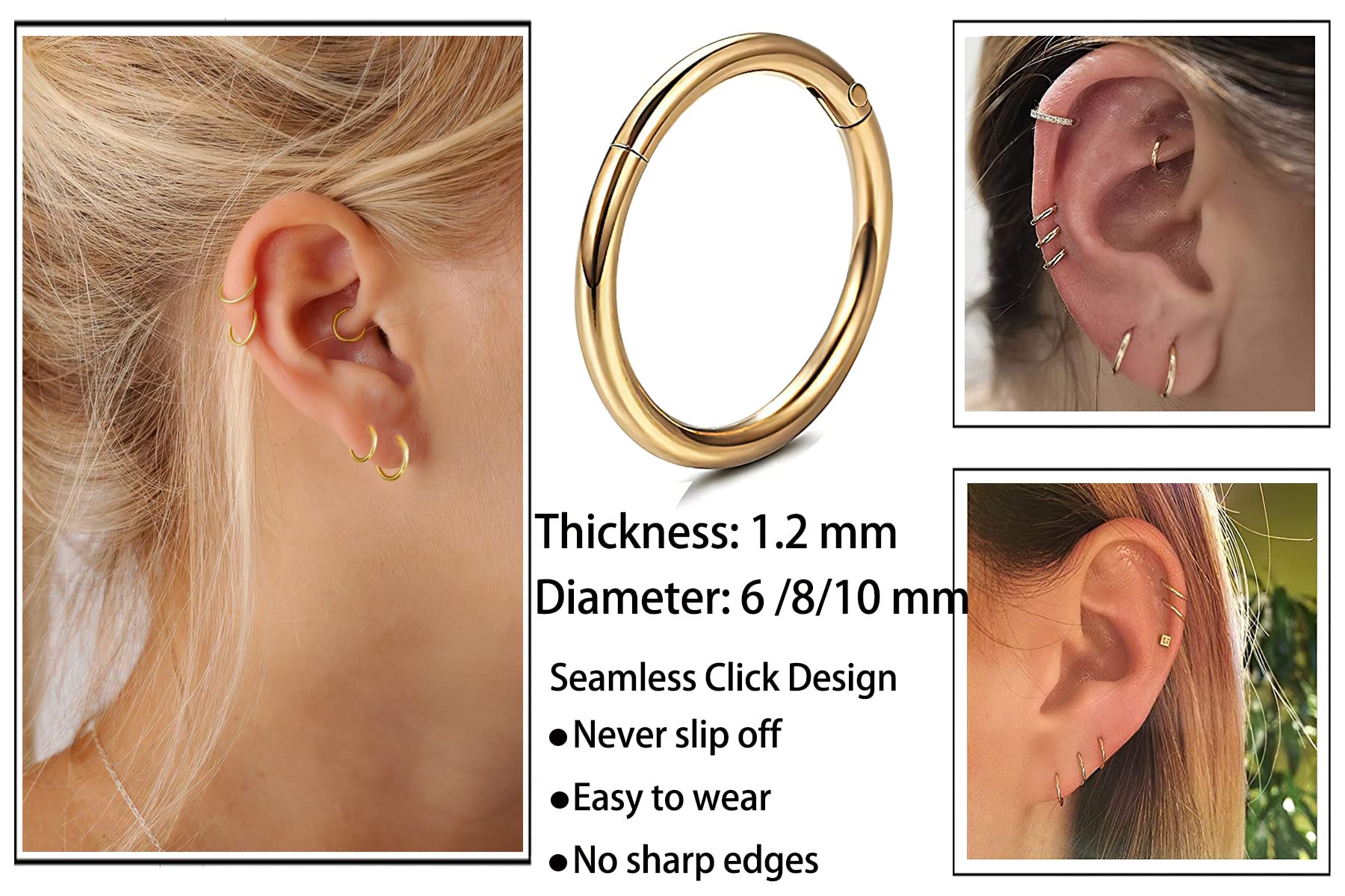Unisex Dainty Tiny 18k Real Gold Plating Cartilage Hoop Earrings, 16G Surgical Steel Small Endless Hinged Hoops Earring for Earlobe Helix Rook Daith Conch